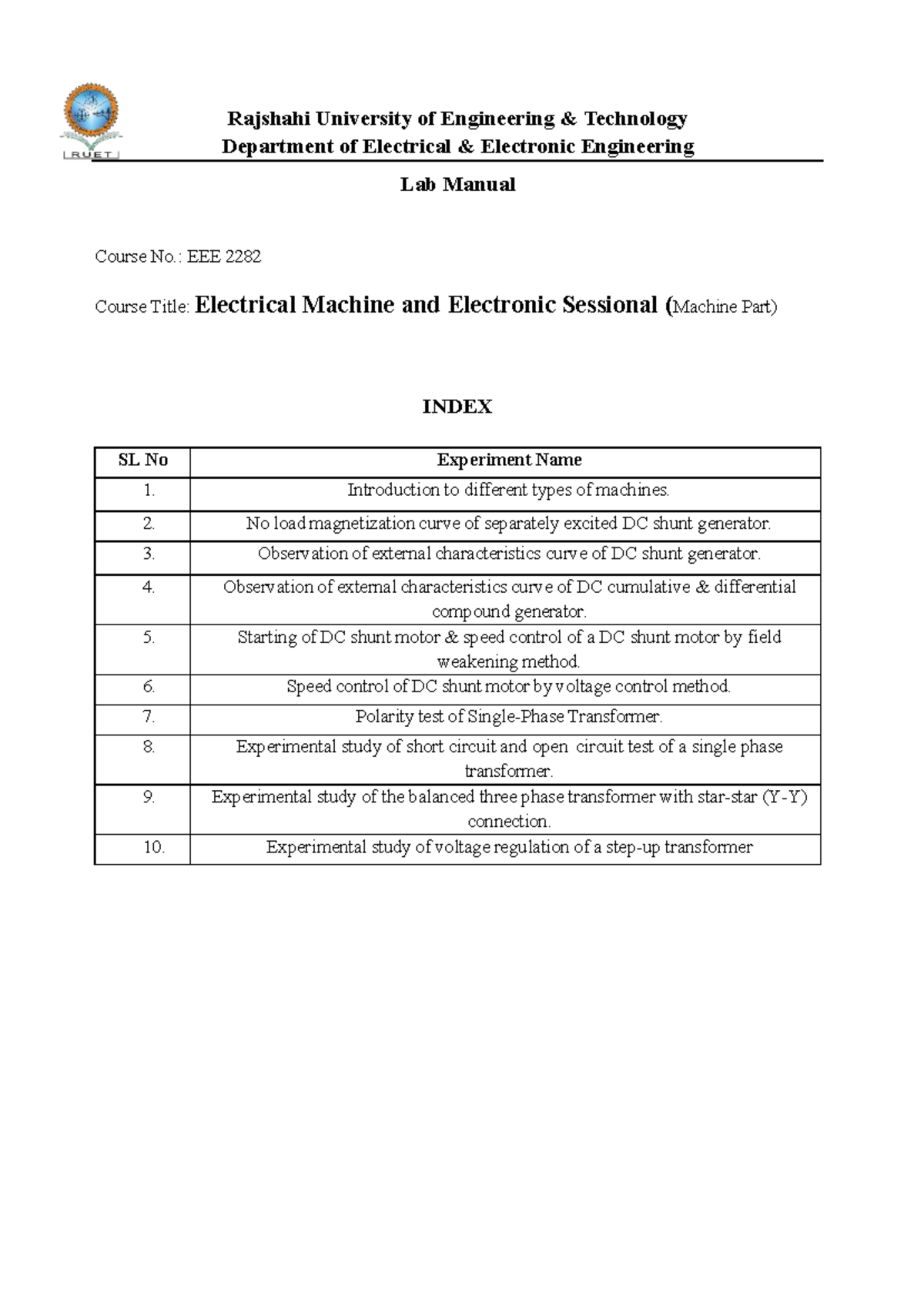 ME 2282 Electrical Machines Lab Manual: Experiments & Procedures - Studocu
