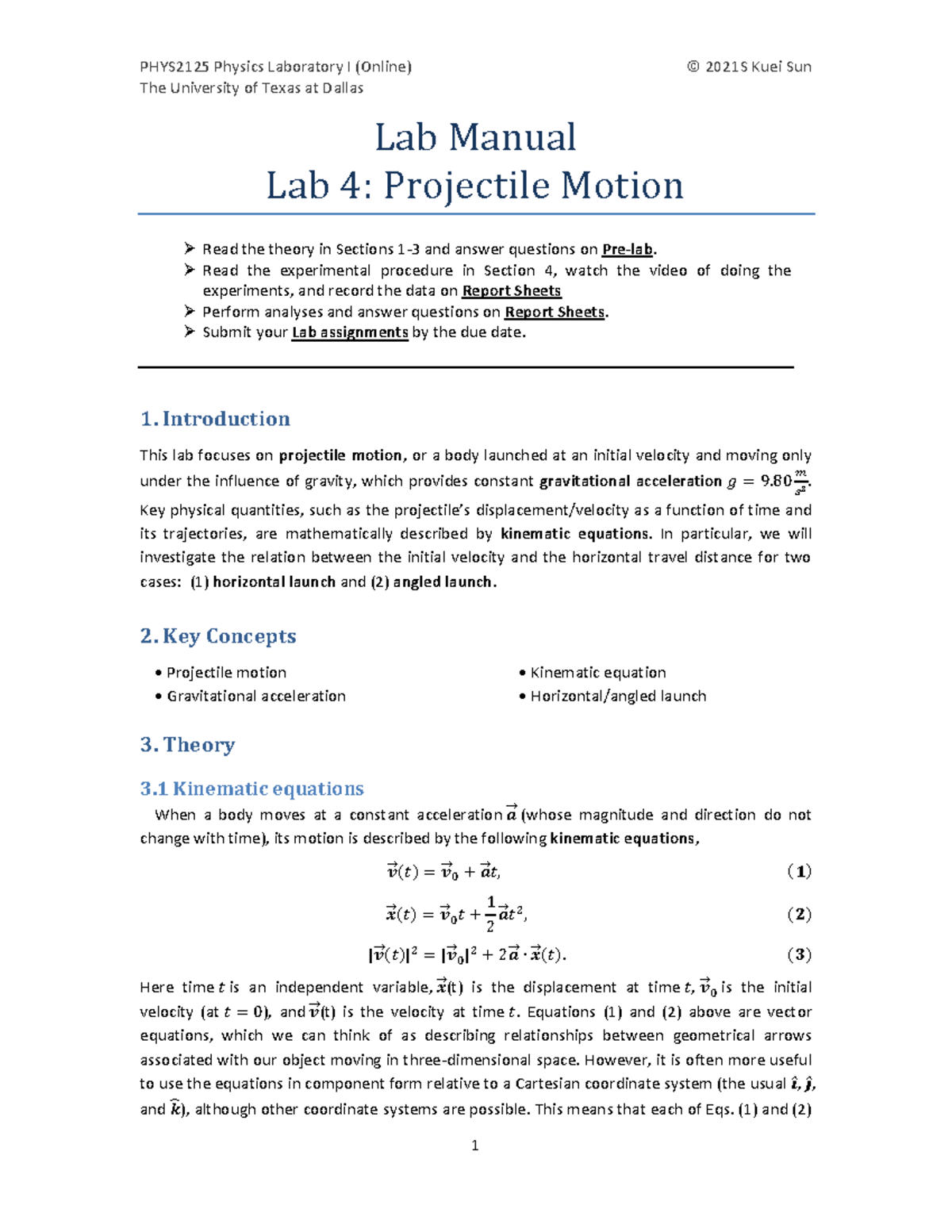 Lab04 Manual - asd - The University of Texas at Dallas Lab Manual Lab 4: Projectile Motion Read ...