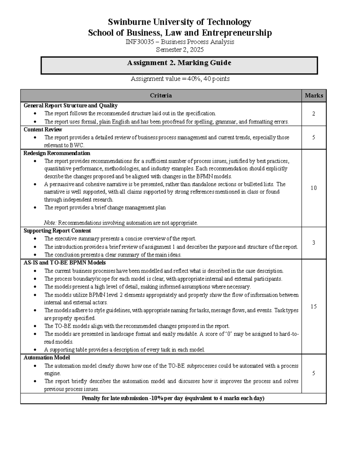 INF30035 Business Process Analysis Assignment 2 Marking Guide - Studocu