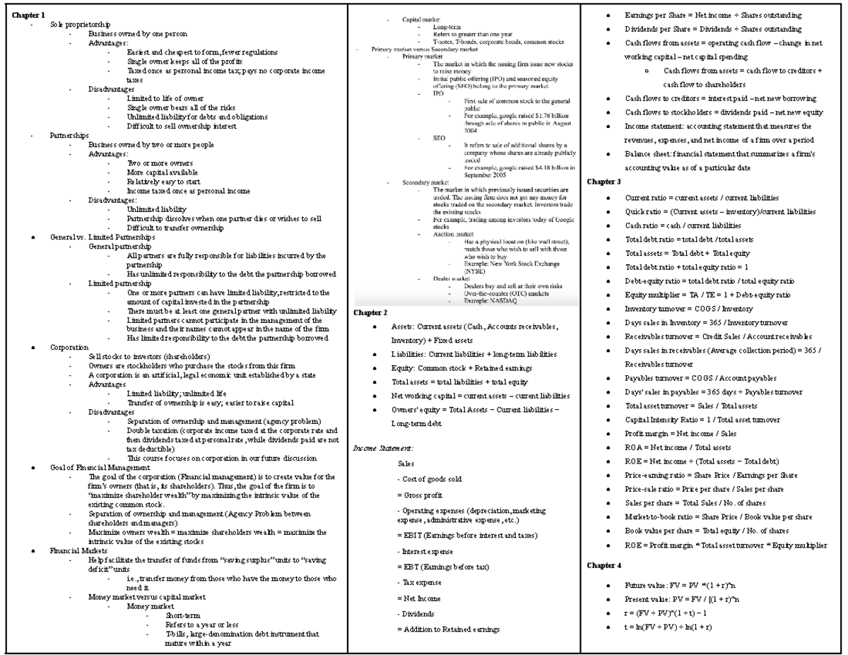 FIN 101 Exam 1 Cheat Sheet: Key Concepts & Formulas - Studocu