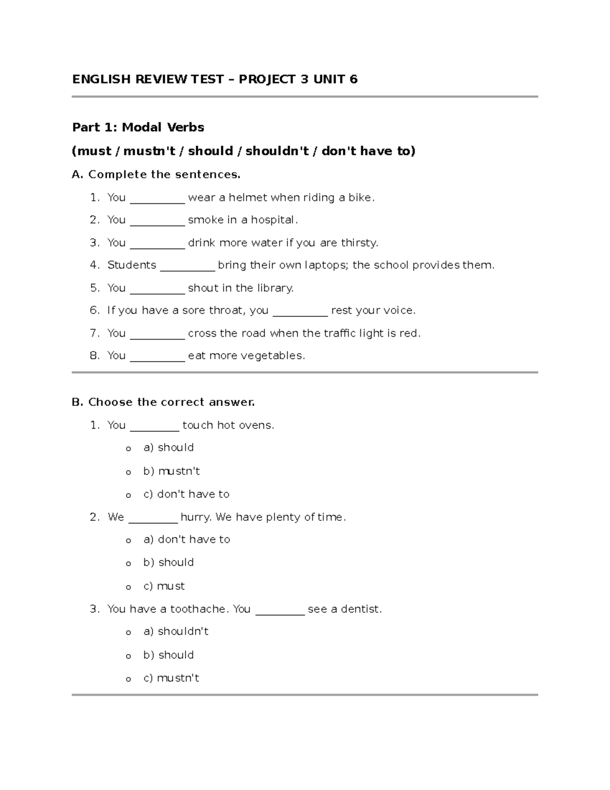 ENGLISH REVIEW TEST PROJECT 3 UNIT 6: Modal Verbs & Phrasal Verbs - Studocu