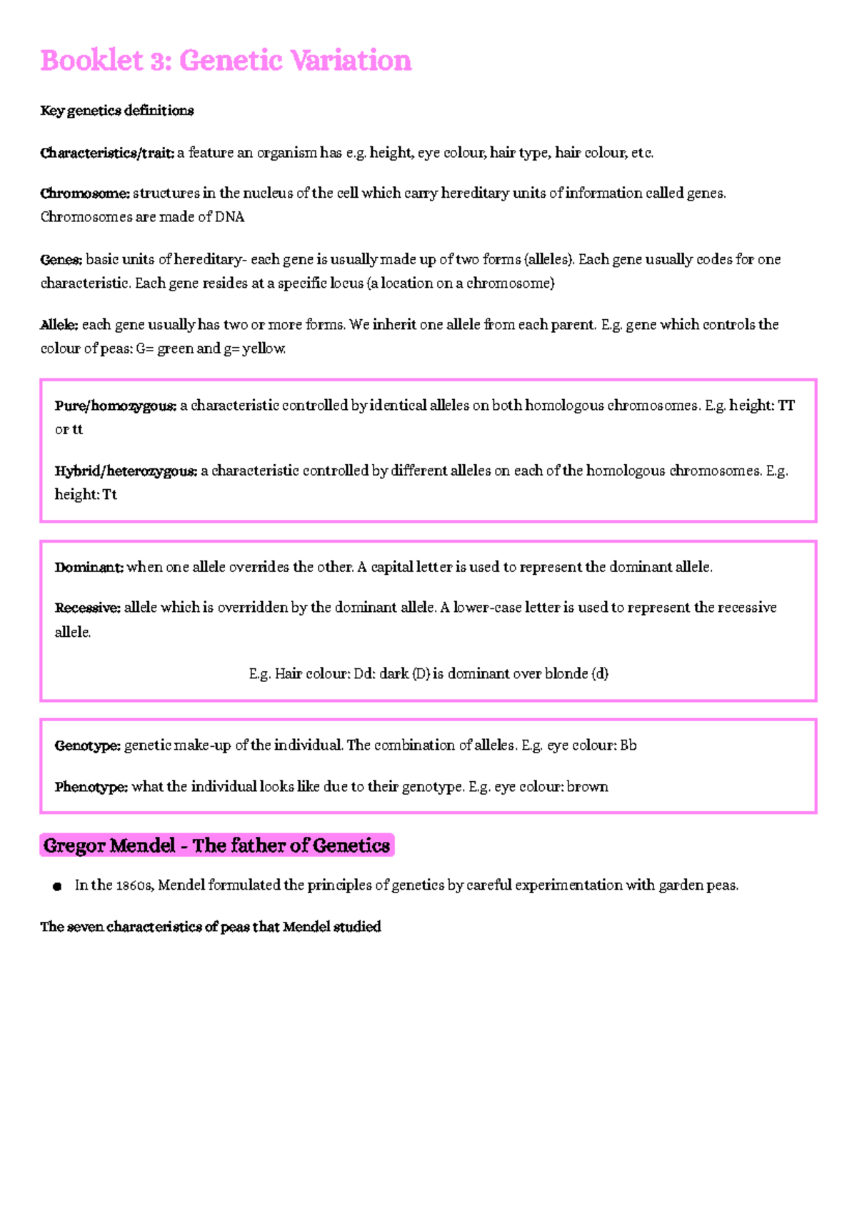 Booklet 3: Key Definitions in Genetic Variation and Inheritance - Studocu