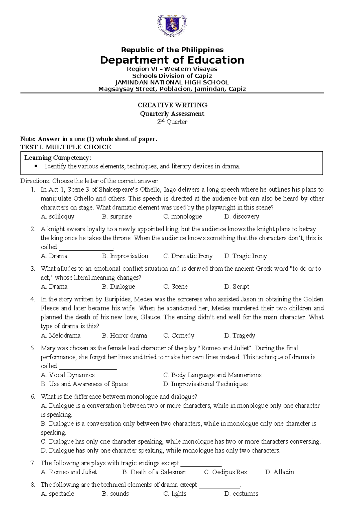 Creative Writing 2nd Quarter Quarterly Assessment Exam - Studocu