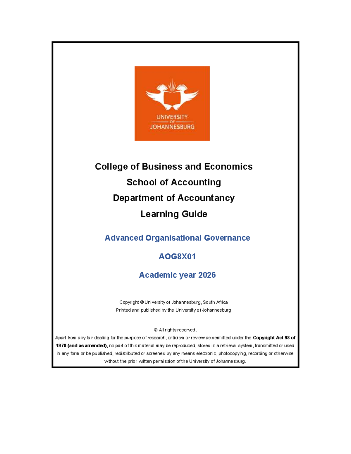 Learning Guide for Advanced Organisational Governance AOG8X01 (2026 ...
