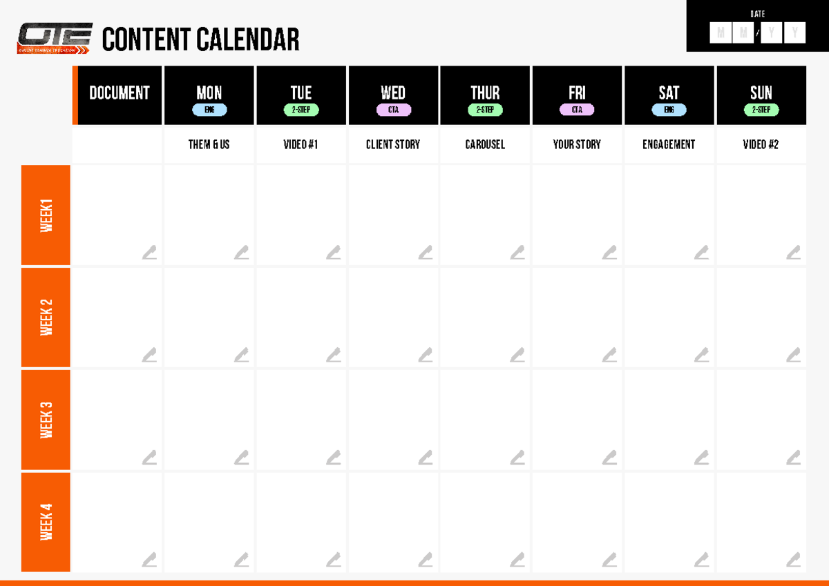 OTE Content Calendar 1 2 - education - mm YY YY mon ENG tue 2-STEP wed ...