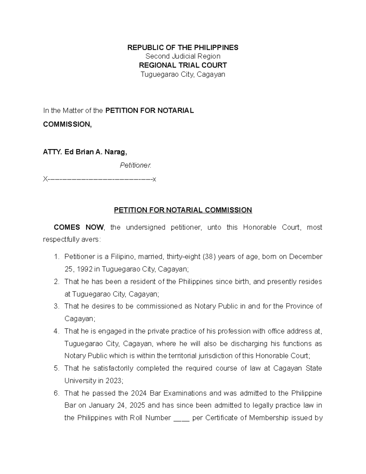 Petition for notarial commission 1 - REPUBLIC OF THE PHILIPPINES Second ...