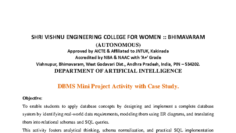 DBMS Mini Project Format: Case Study Guidelines for AI Course - Studocu