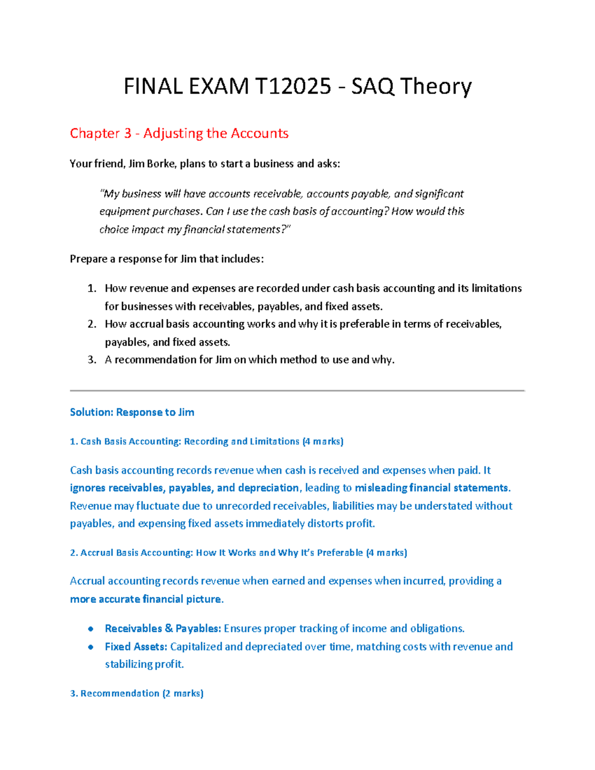 FINAL EXAM T12025 SAQ Theory: Accounting Methods & Receivables Analysis ...
