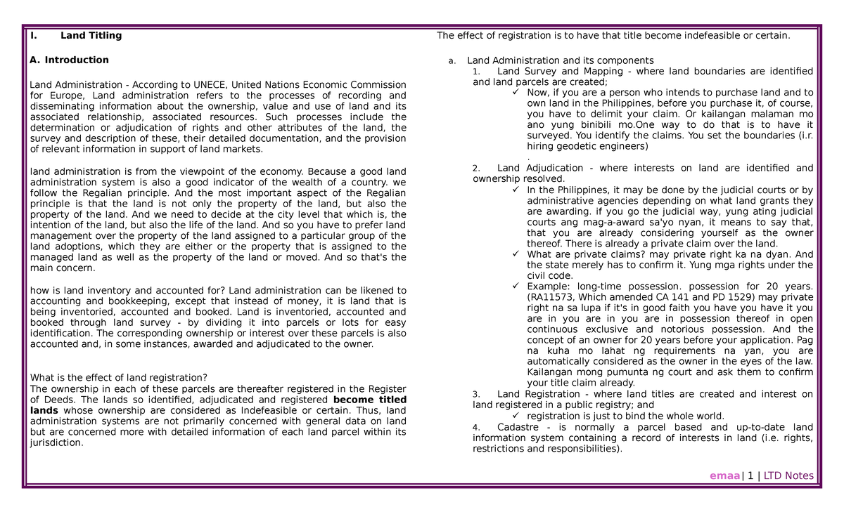 Land Titles and Deeds Review - Key Concepts and Legal Cases 2023 - Studocu