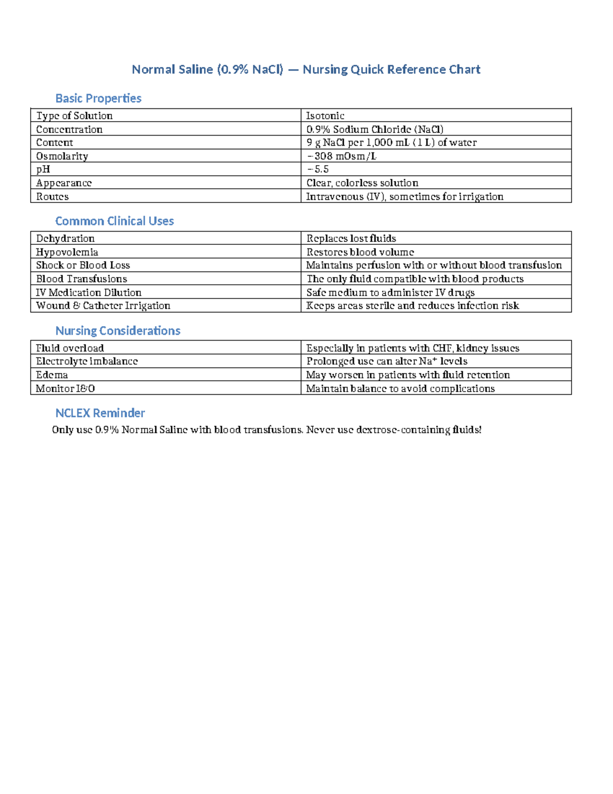 Normal Saline (NaCl) Nursing Quick Reference Chart - Studocu