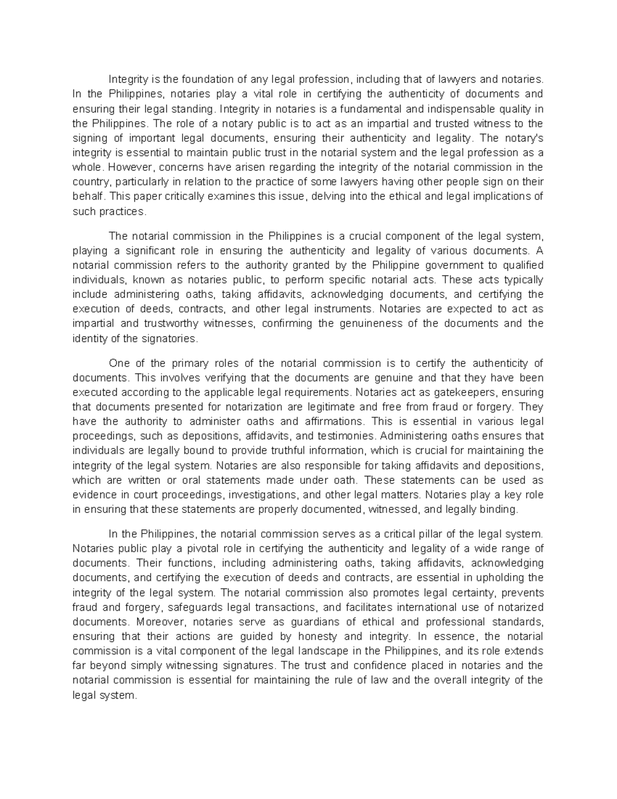 Position Paper 1 - Integrity is the foundation of any legal profession ...