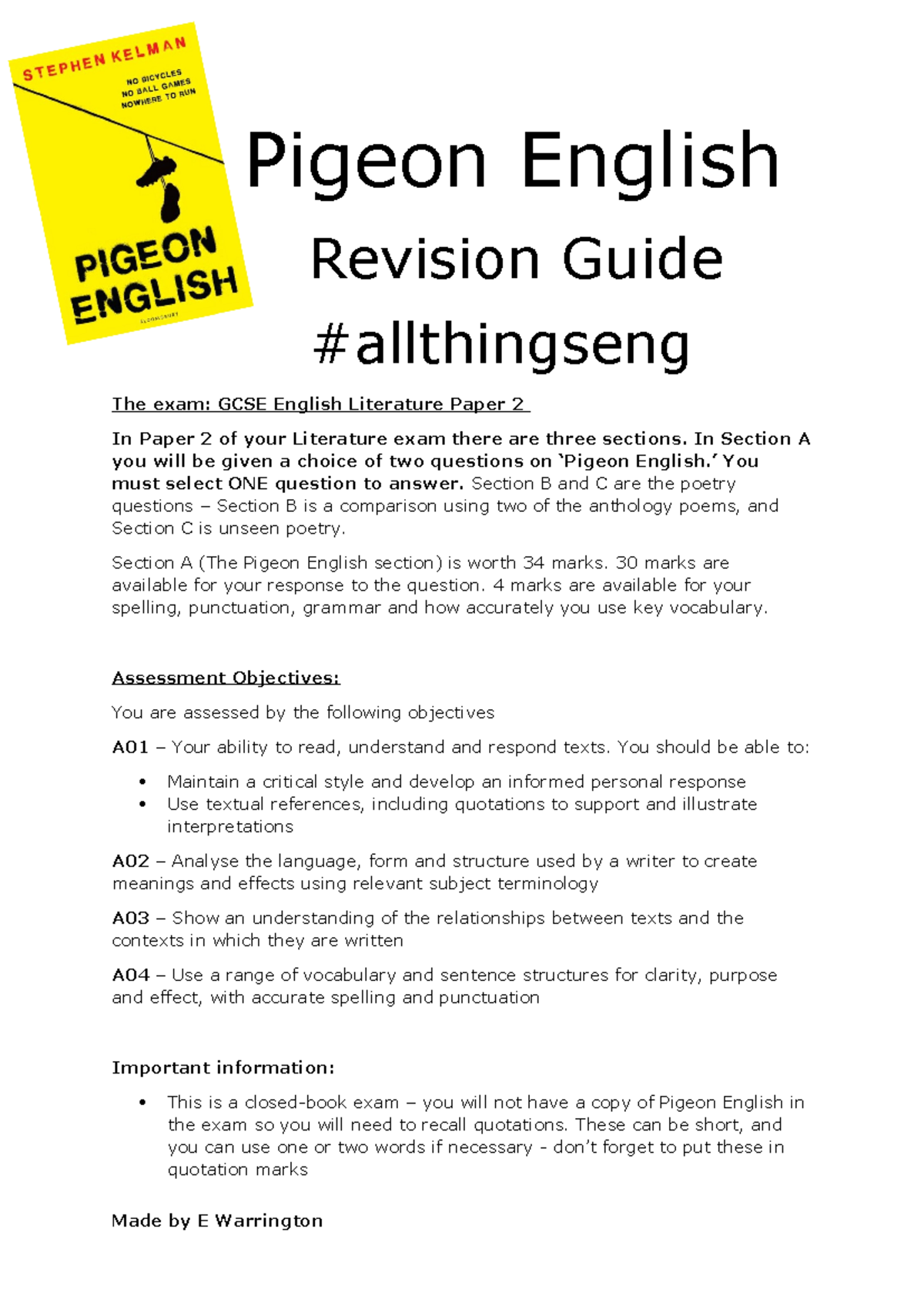 GCSE Eng Lit: Pigeon English Revision Guide for Paper 2 - Studocu