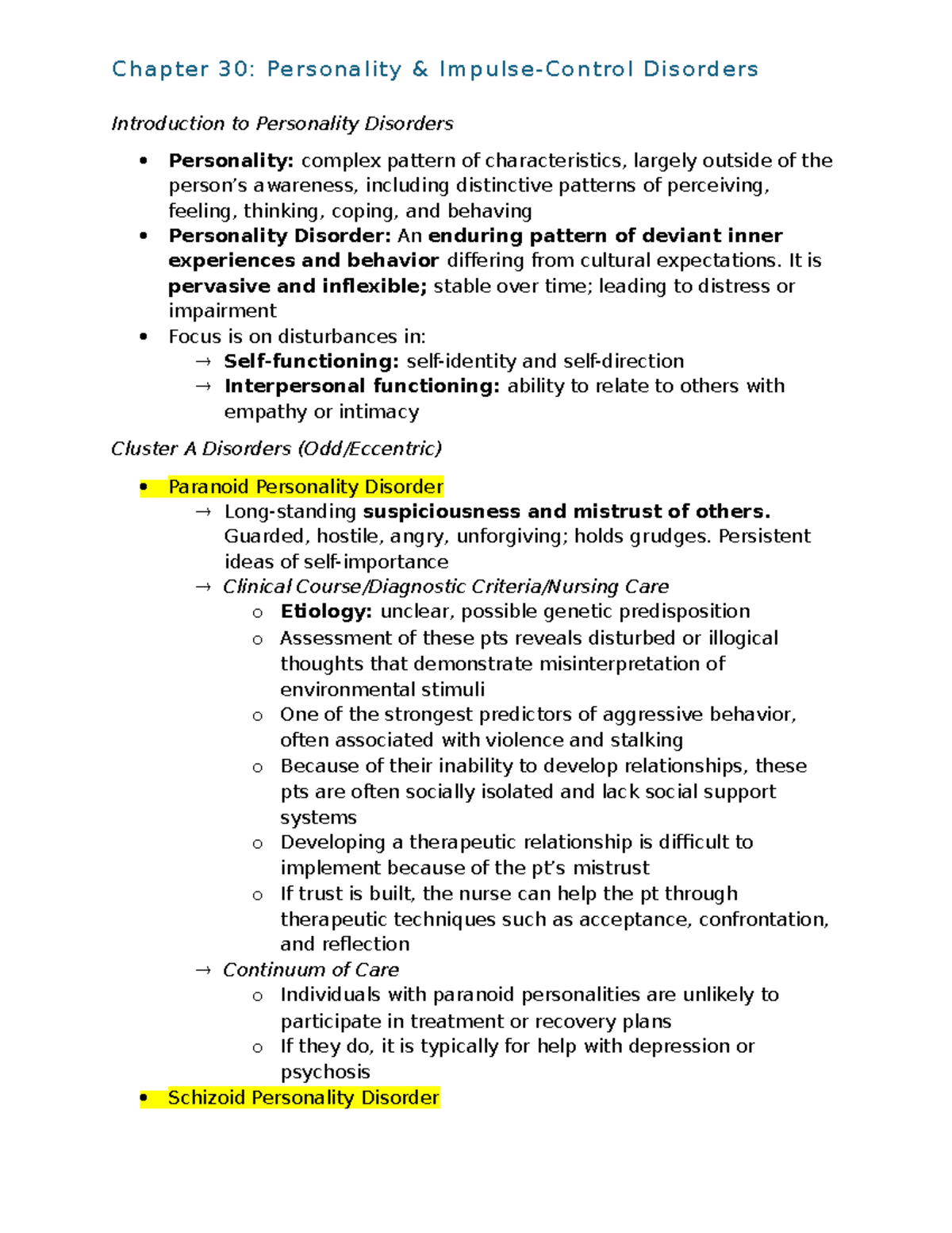 Chapter 30: Personality Disorders Overview and Nursing Care - Studocu