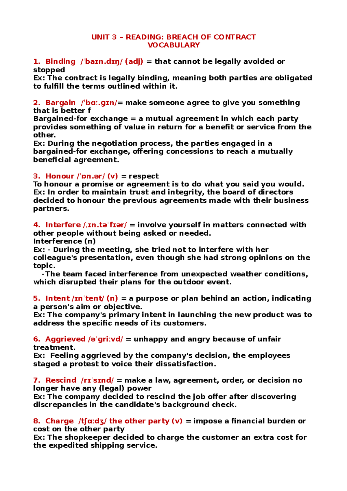 UNIT 3 - Vocabulary for Legal English: Breach of Contract - Studocu