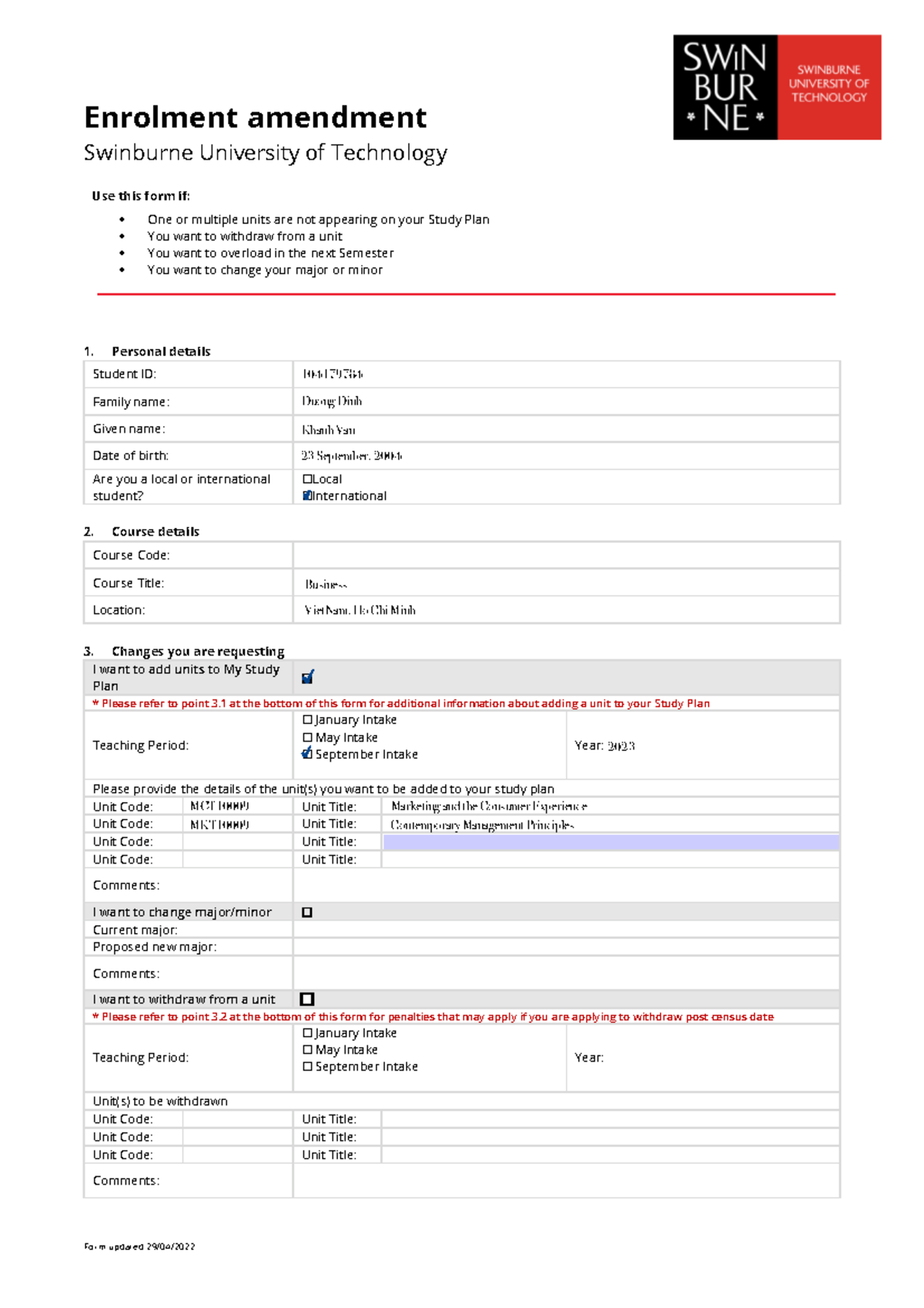 Enrolment Amendment Form - Swinburne University of Technology - Studocu