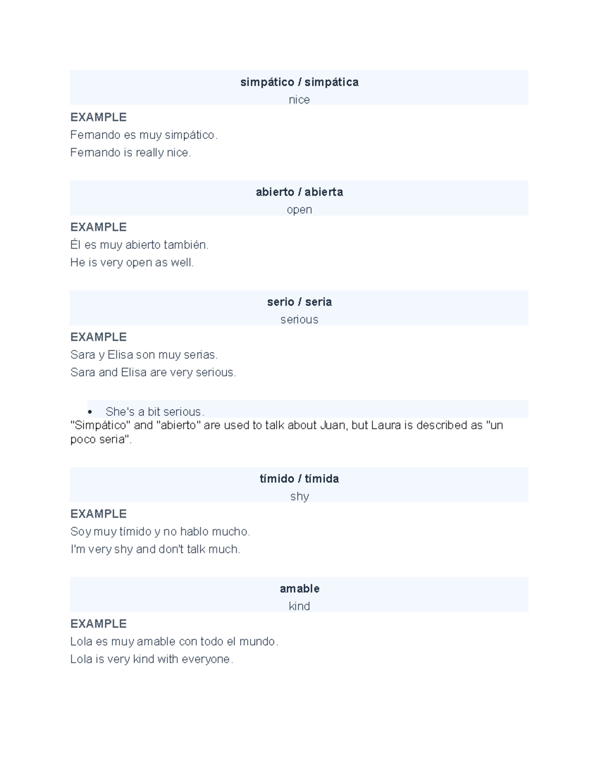 Describing Personality - simpático / simpática nice EXAMPLE Fernando es ...