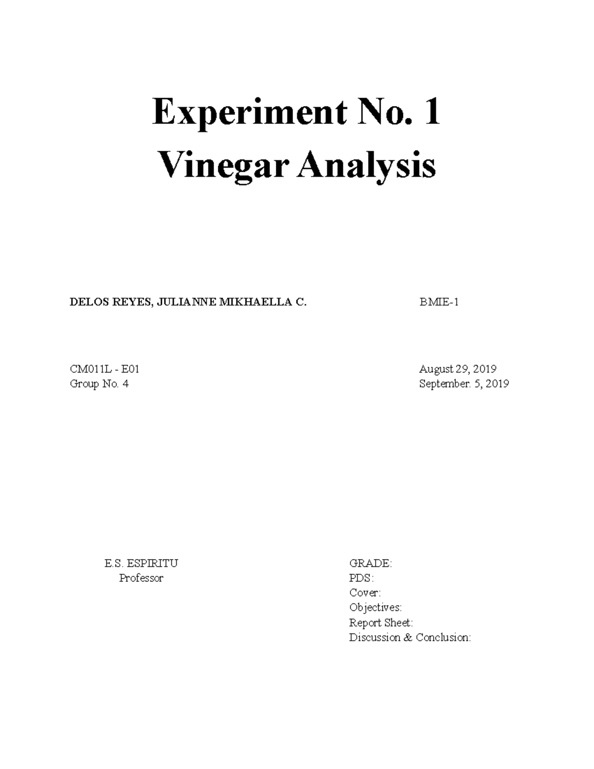 LAB1 - Titration Final Lab report - Experiment No. 1 Vinegar Analysis DELOS REYES, JULIANNE ...