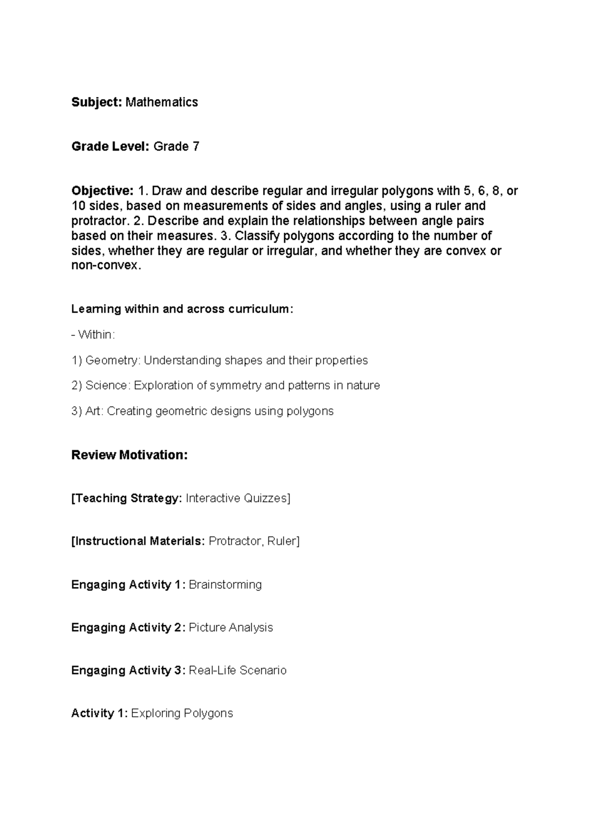 Grade 7 Math Lesson Plan: Exploring Polygons and Their Properties - Studocu