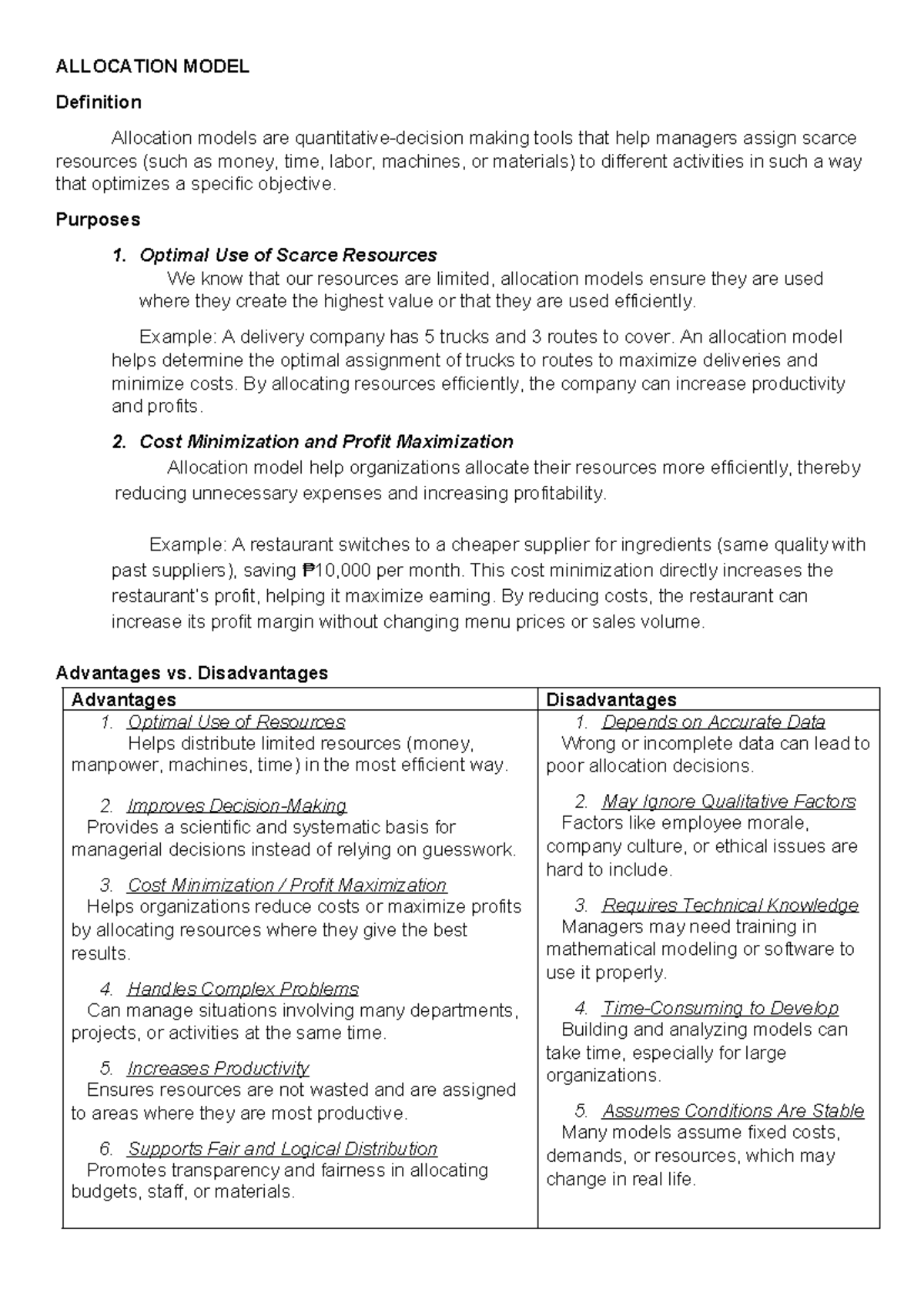 Allocation Model: Lecture Notes for Efficient Resource Management - Studocu