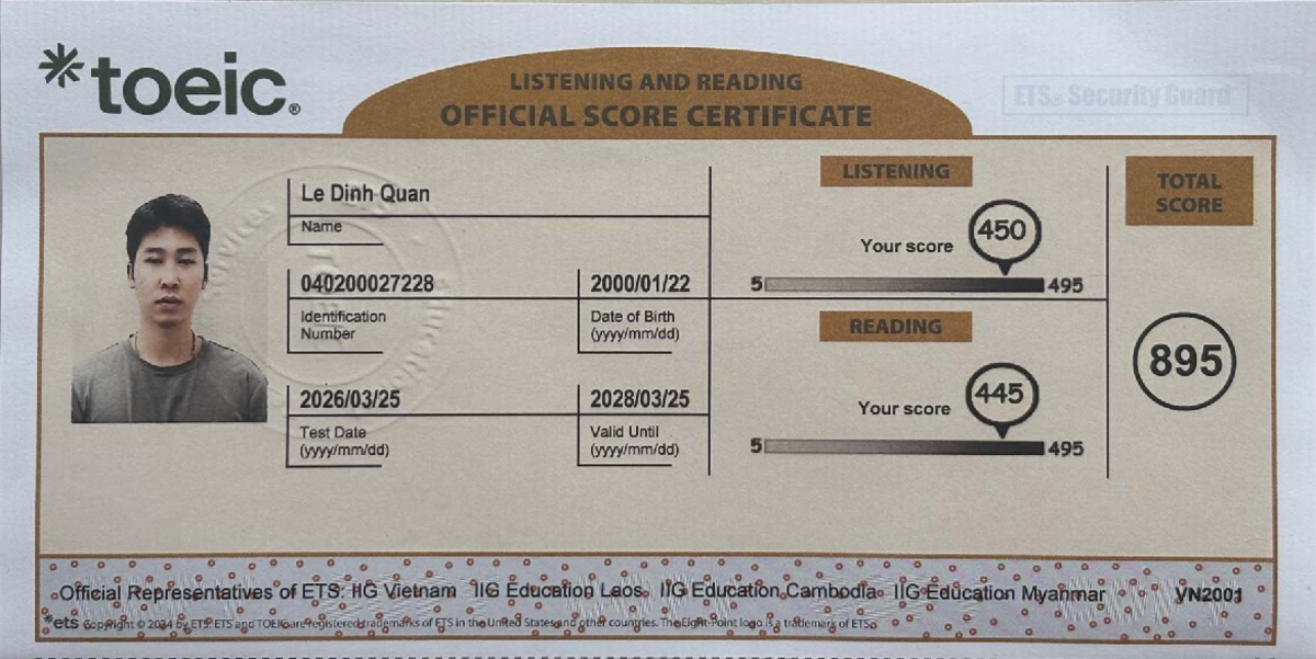 TOEIC® Test Score Report - Le Dinh-Quan (450) - Studocu