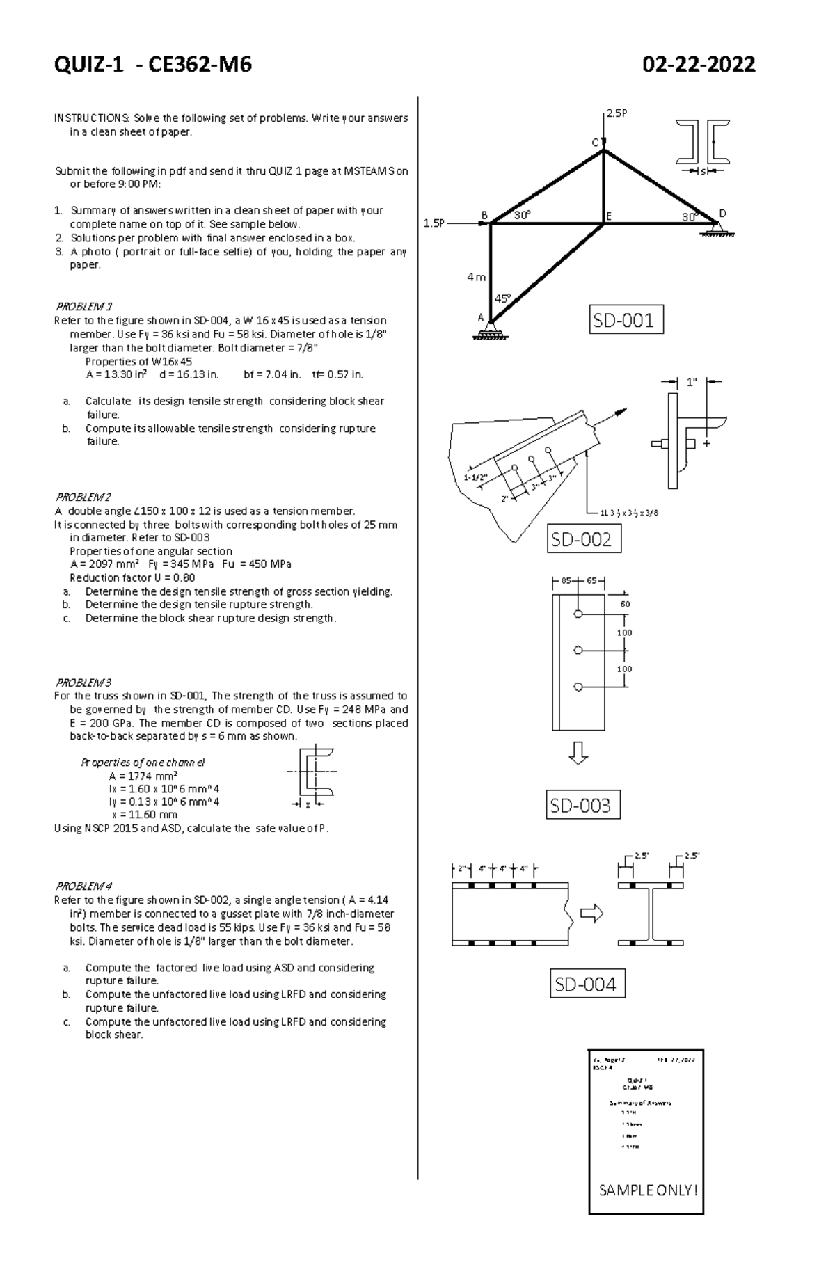 Quiz 1 & 2 Practice Problems – Steel Design CE362-M6 - Studocu