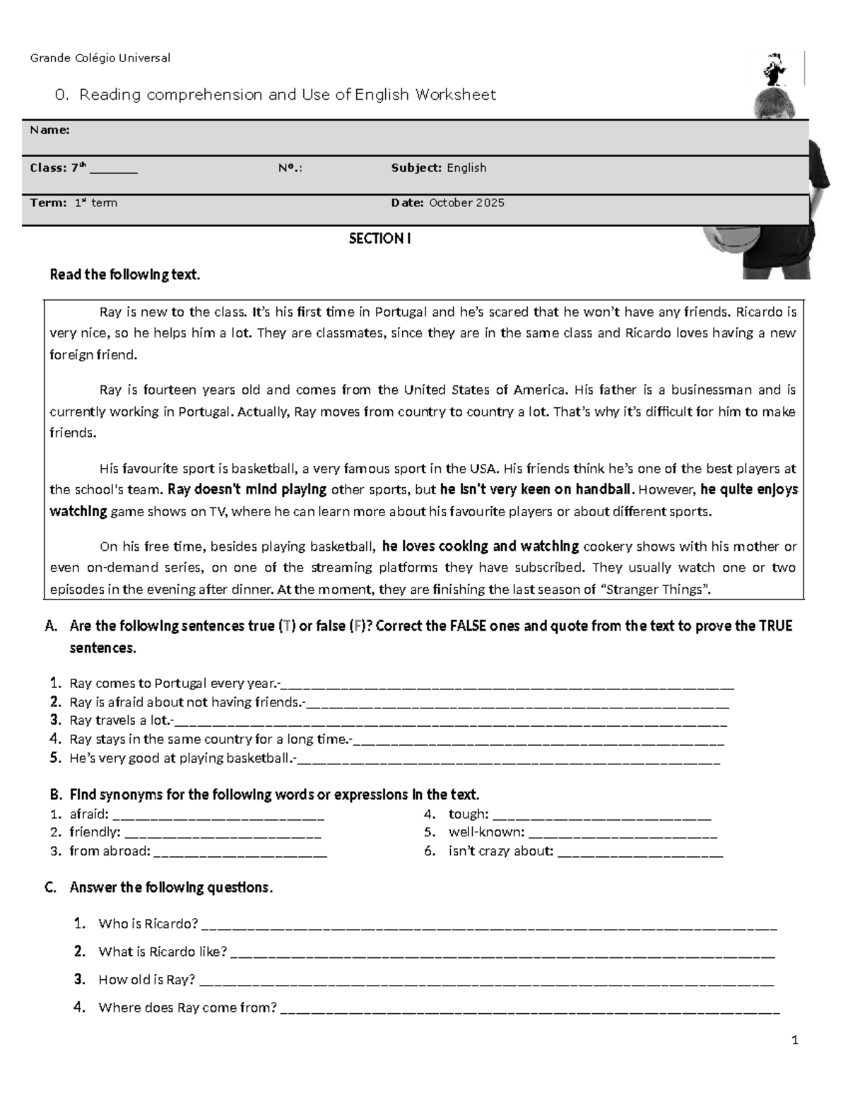Grande Colégio Universal 0. English Reading Comprehension Worksheet ...