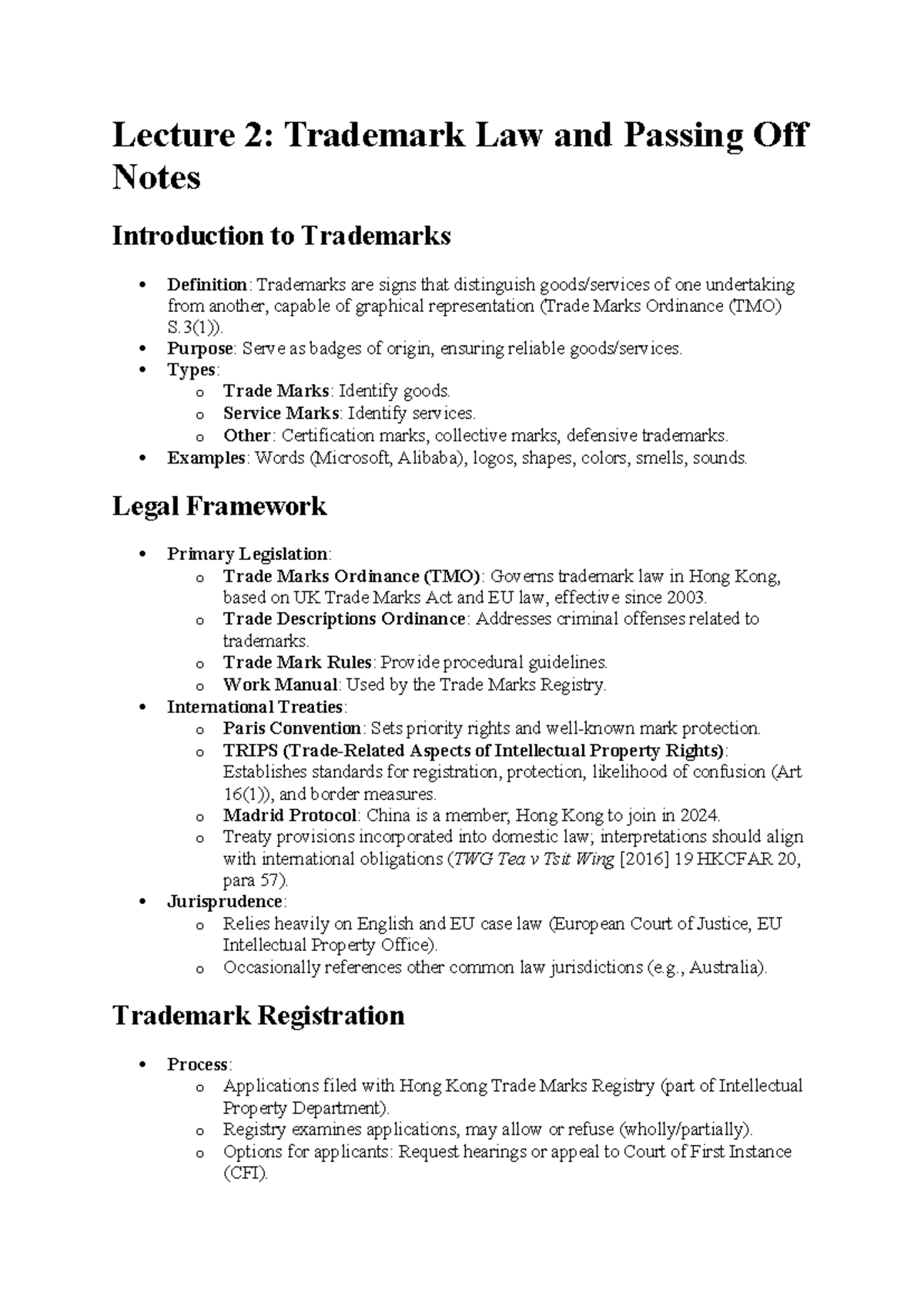 Lecture 2: Trademark Law & Passing Off Overview and Key Concepts - Studocu