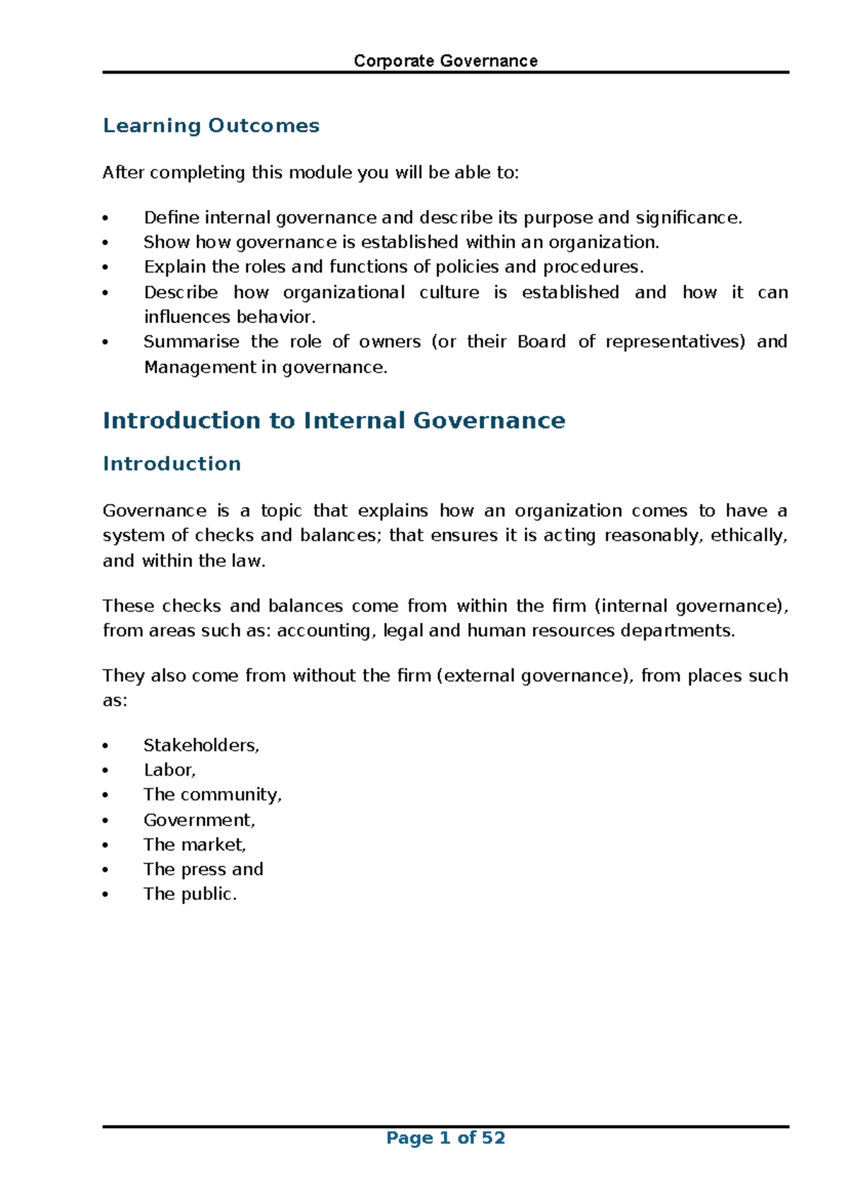 Corporate Governance Study Notes: Key Learning Outcomes and Concepts ...