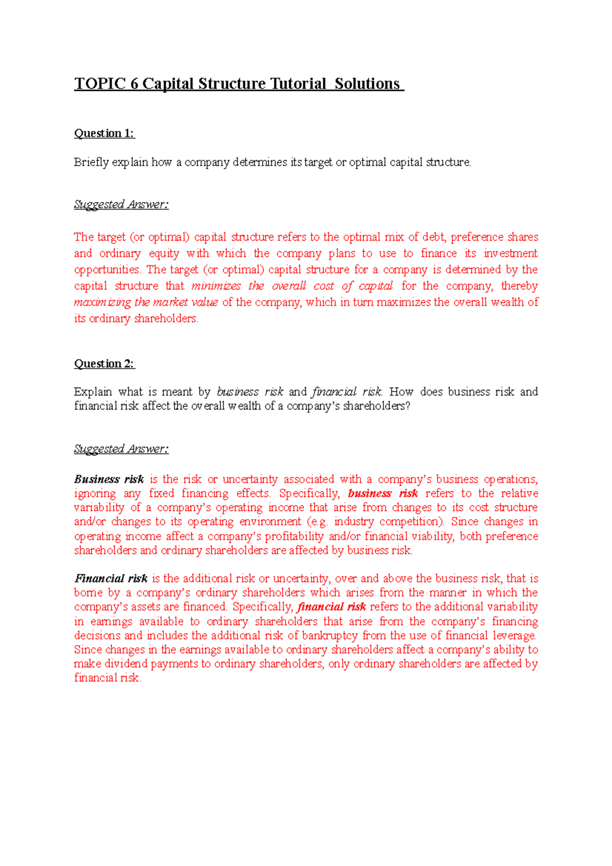 Week 5 Lesson - Capital Structures Tutorial Solutions for MEL S1 2020 ...