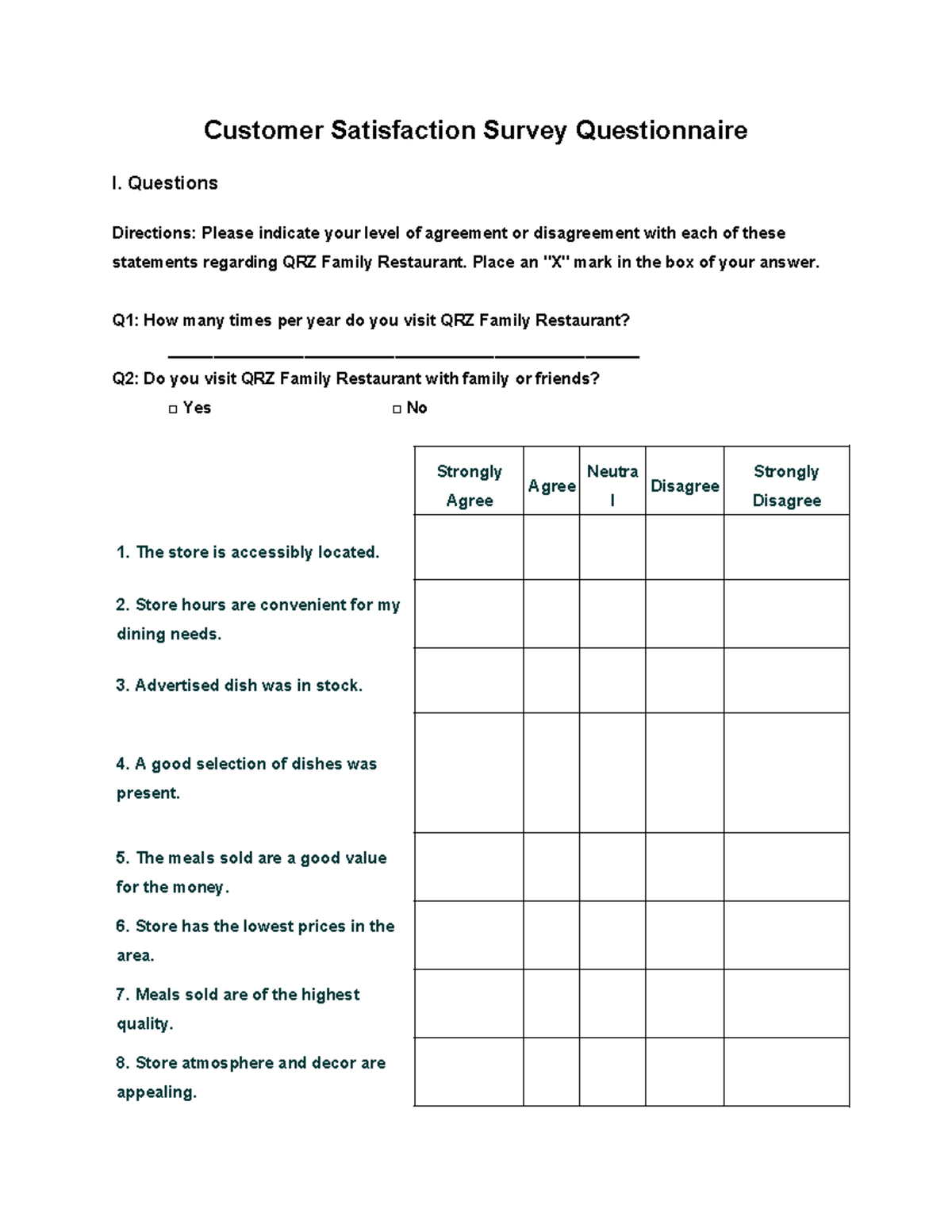 Questionnaire-Template-01 - Customer Satisfaction Survey Questionnaire ...