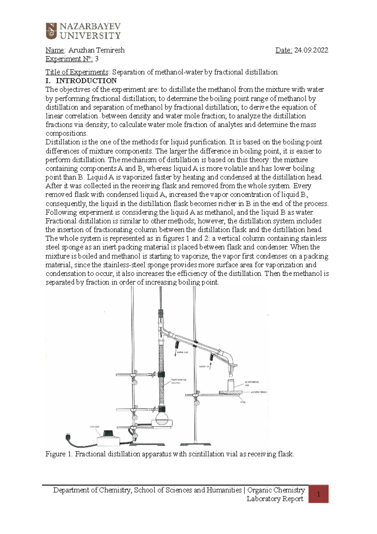 CHEM 301: Fractional Distillation of Methanol-Water Mixture Analysis ...