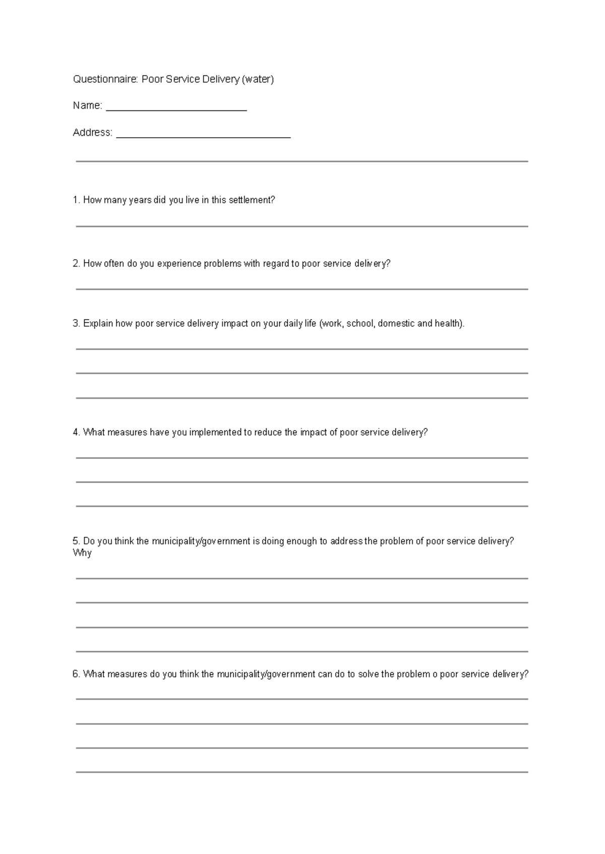 Untitled document-1 - Love - Questionnaire: Poor Service Delivery ...