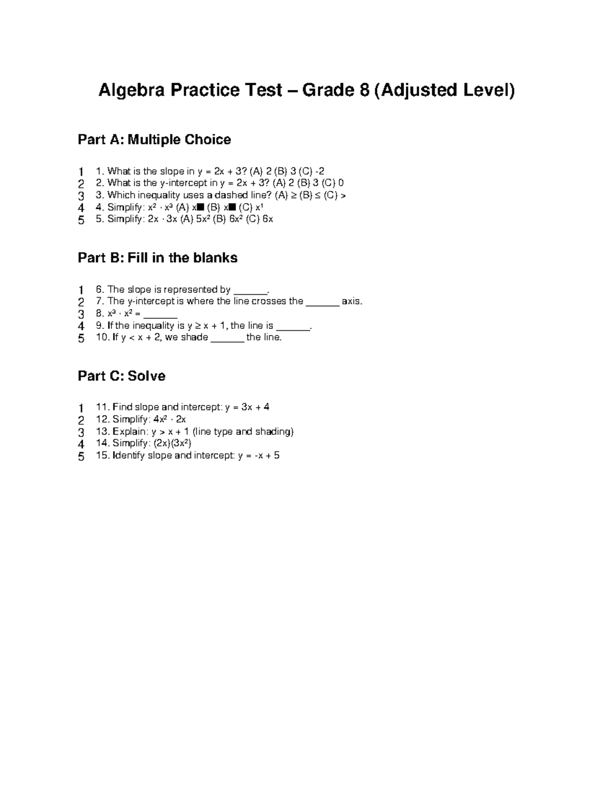 Algebra Practice Test Grade 8: Adjusted Level MC & Fill-in Questions ...