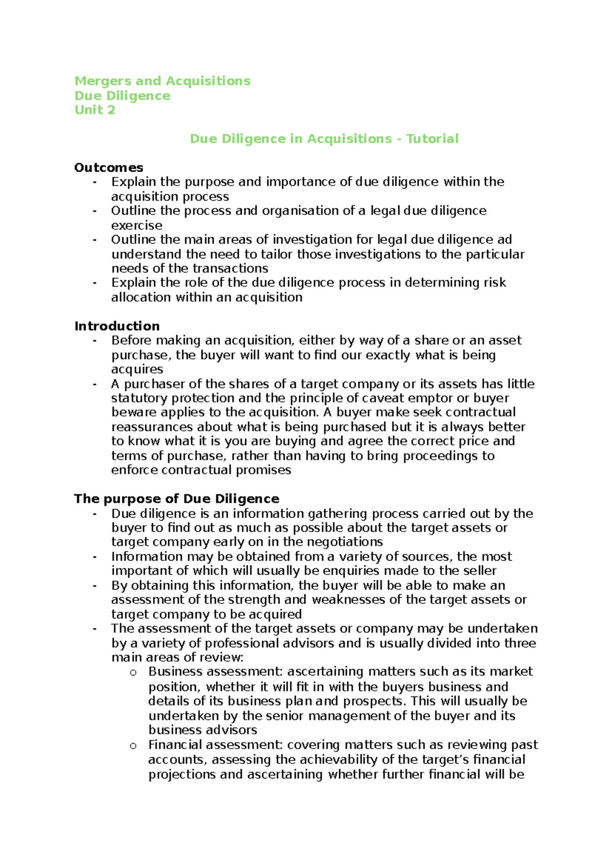 Due Diligence in Mergers & Acquisitions: Unit 2 Tutorial Insights - Studocu