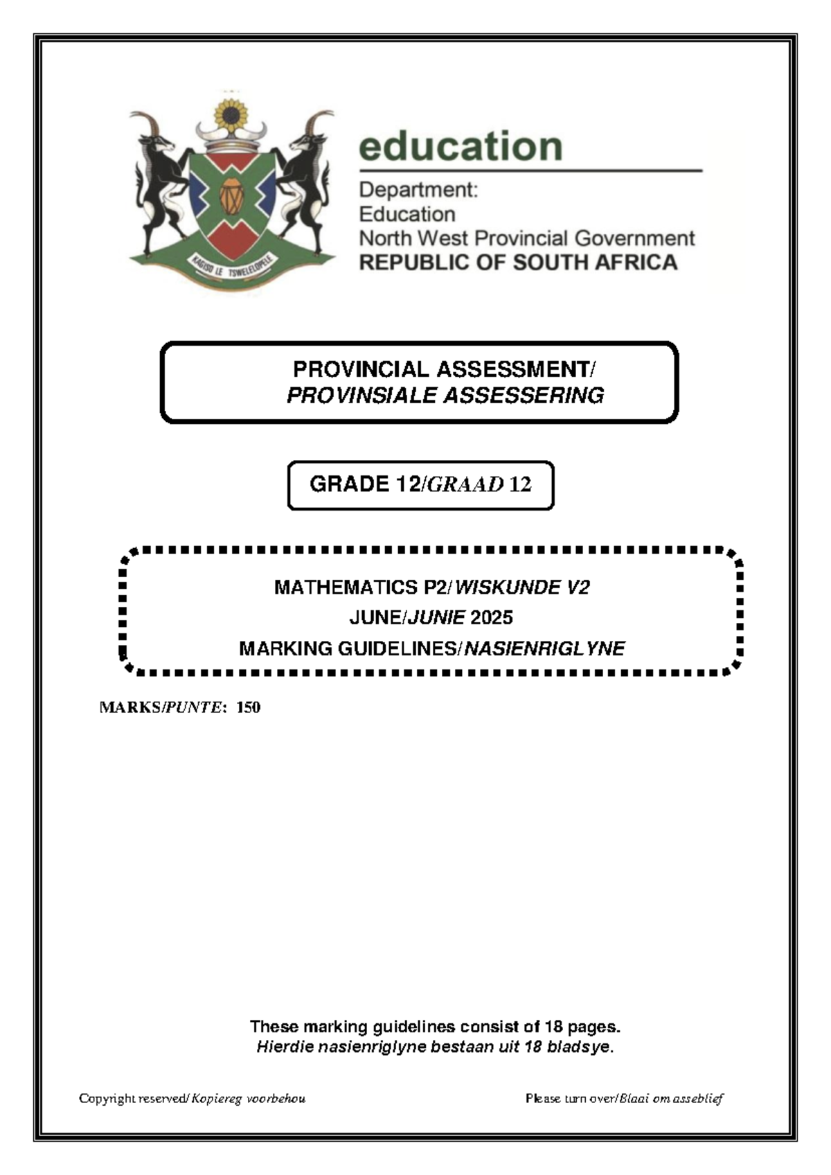 Mathematics Grade 12 V2 2025 Marking Guidelines (Afrikaans & English) - Studocu