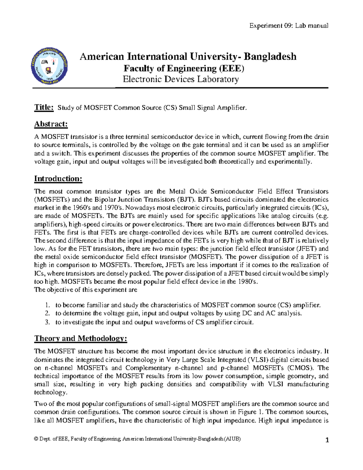 Study of MOSFET CS Small Signal Amplifier - EEE Lab Experiment - Studocu