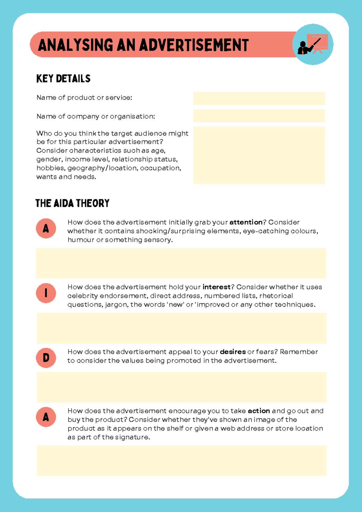 Advertisement Analysis Worksheet: AIDA Theory & Techniques - Studocu