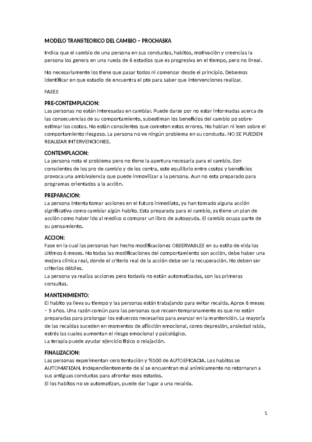 MODELO TRANSTEÓRICO DEL CAMBIO: Resumen y Fases del Proceso - Studocu
