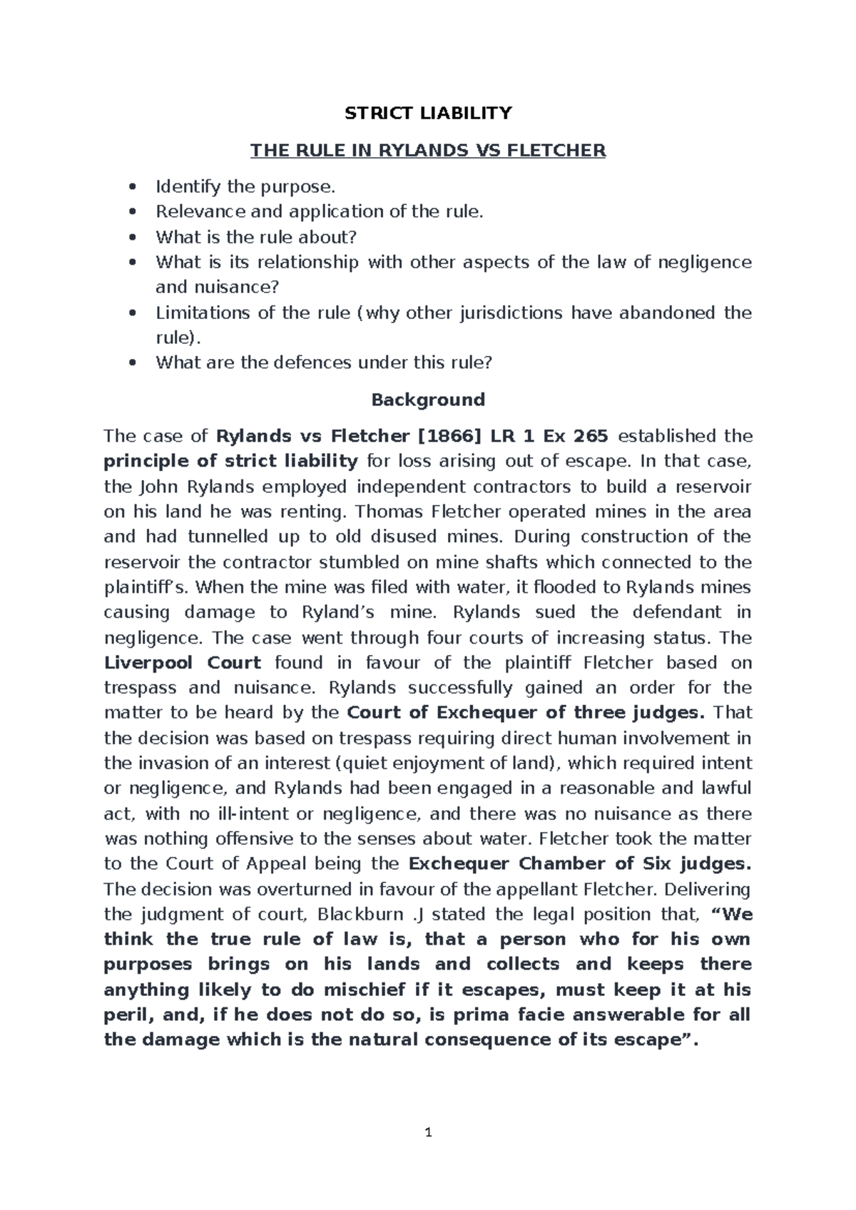 Strict Liability: The Rule in Rylands v. Fletcher (LAW 101) - Studocu