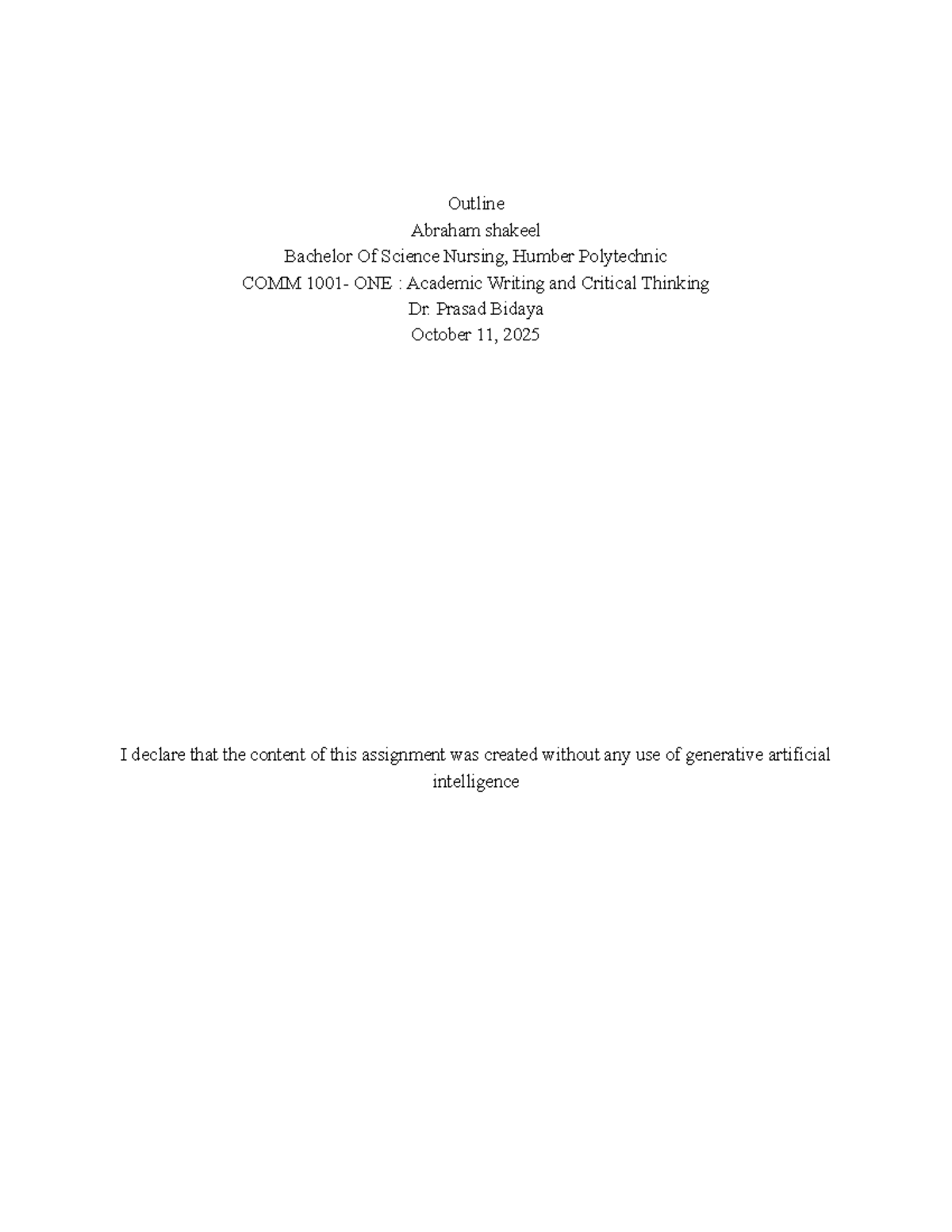 Outline for COMM ONE: Academic Writing & Critical Thinking - Studocu