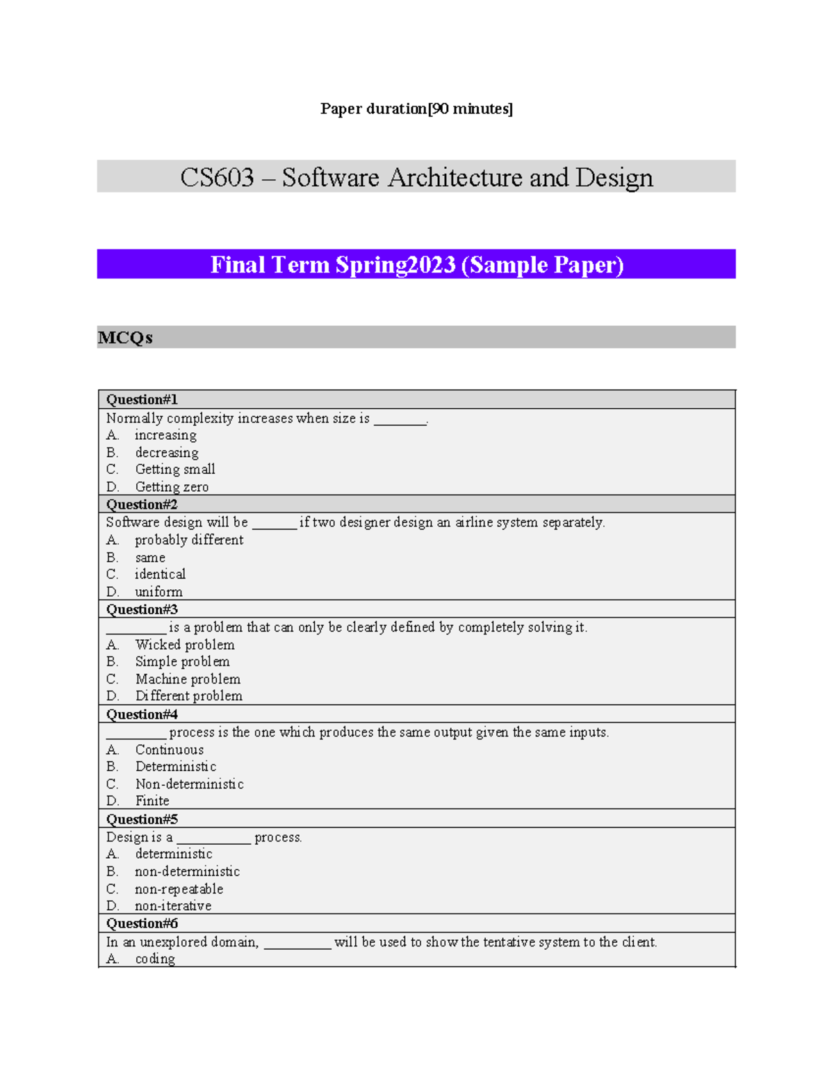 CS603 Final Exam Sample Paper: Software Architecture & Design - Studocu