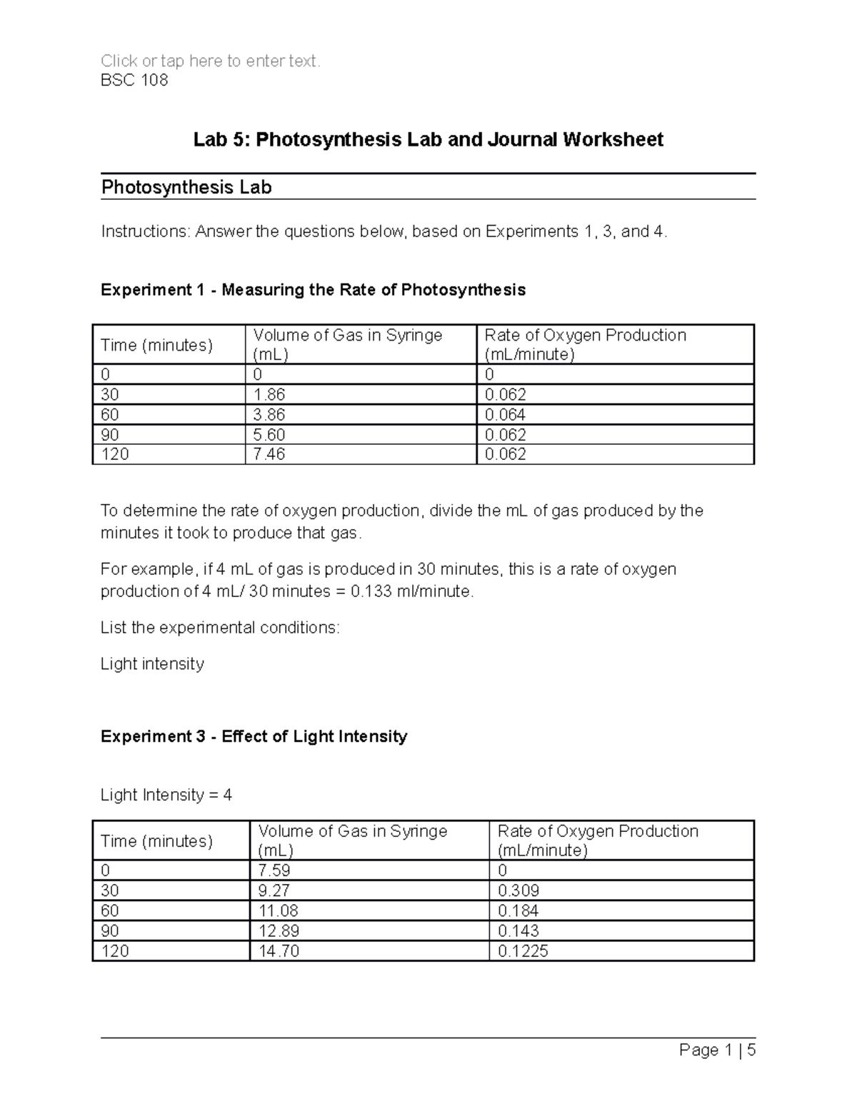 BSC 108 Lab5 - Lab 5: Photosynthesis Lab and Journal Worksheet - BSC 108 Lab 5: Photosynthesis ...