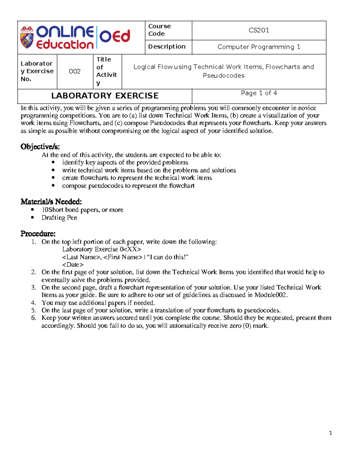 CS 002 Lab 2: Flowchart and Pseudocode Problem Solving Exercise - Studocu