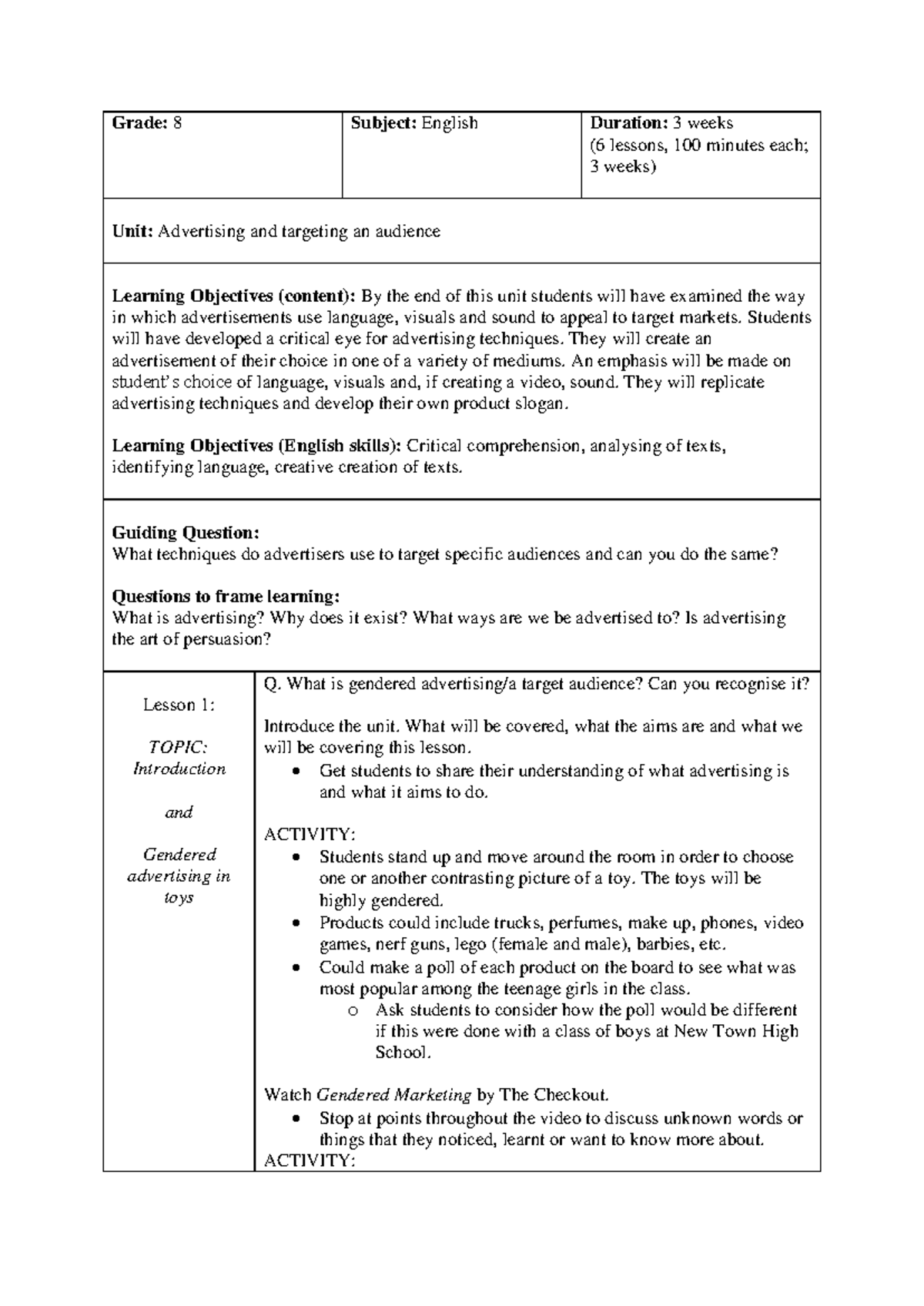 Grade 8 English: Lesson Plan on Advertising & Targeting Audience - Studocu