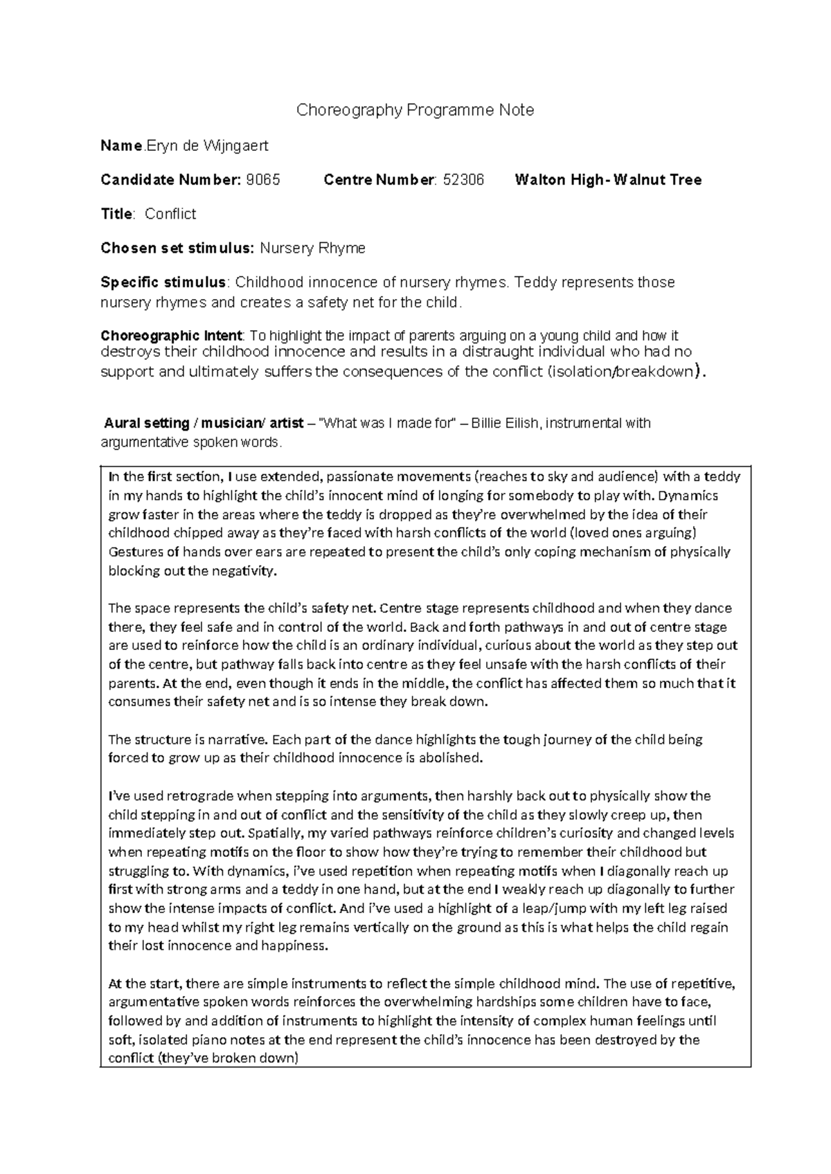 Dance - Choreography Programme Note: Conflict Analysis EDC 101 - Studocu