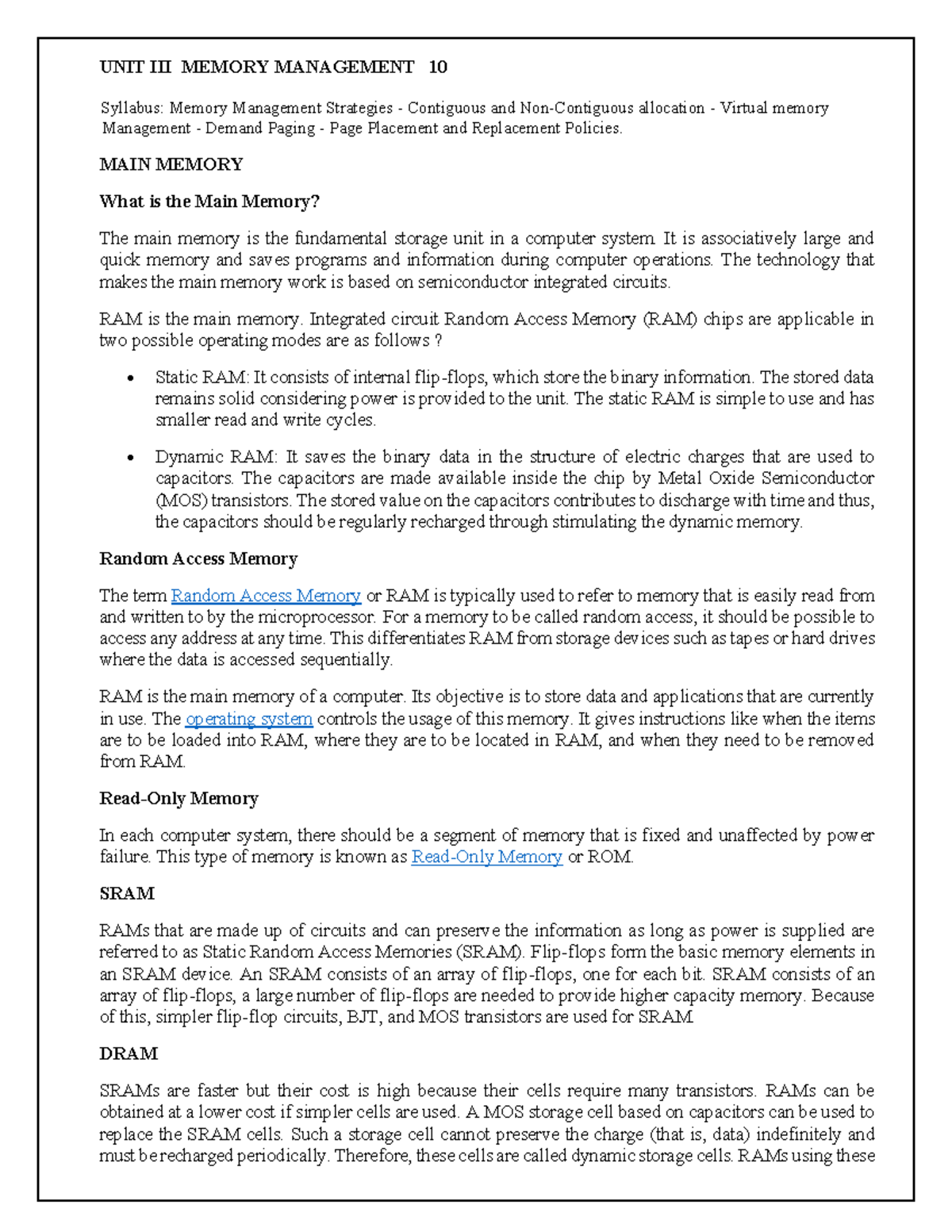 UNIT III Memory Management: Strategies & Techniques Overview - Studocu