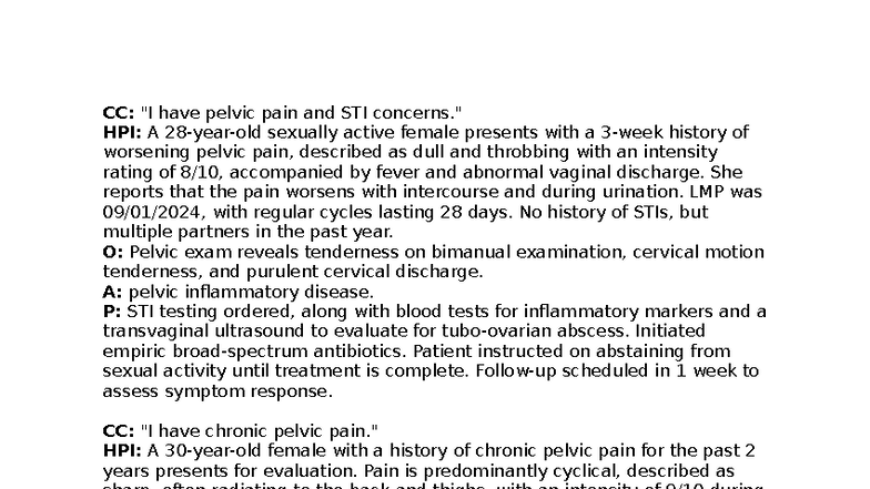 CC: Pelvic Pain & STI Evaluation - Clinical Notes - Studocu