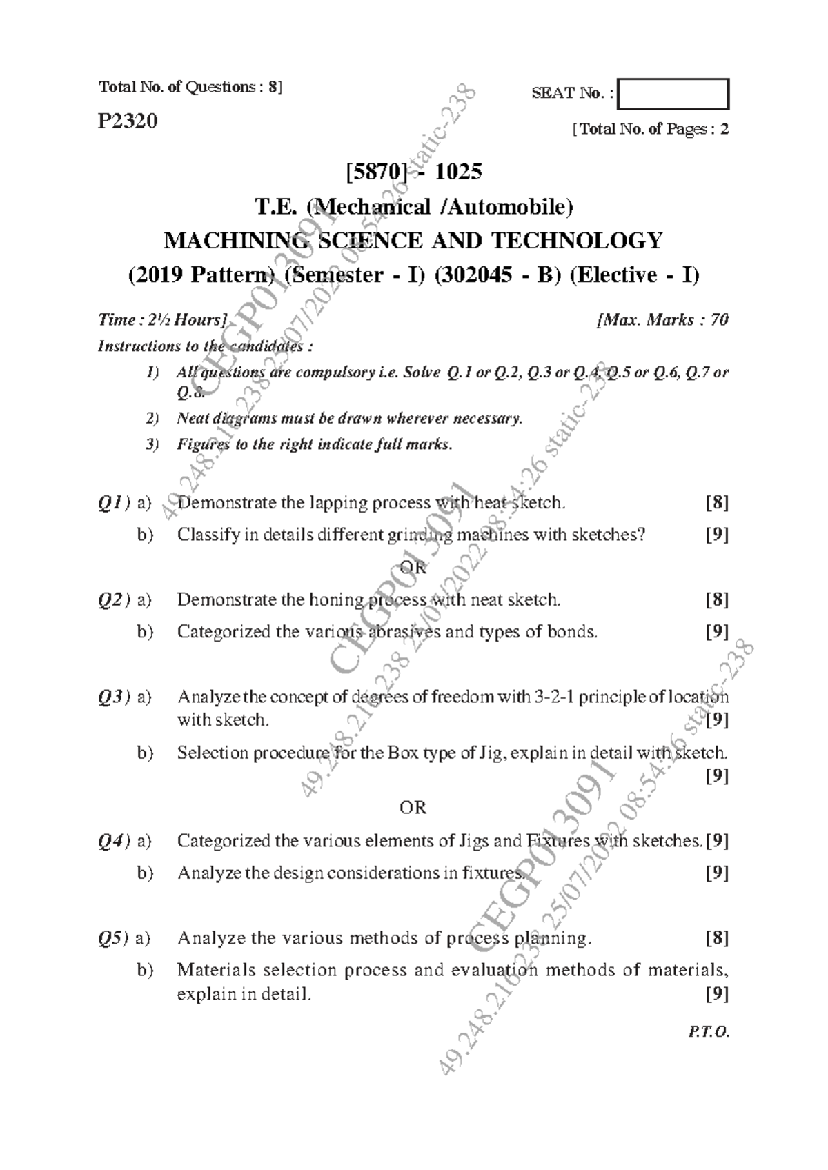 MST End Semester Question Paper - Machining Science and Technology ...