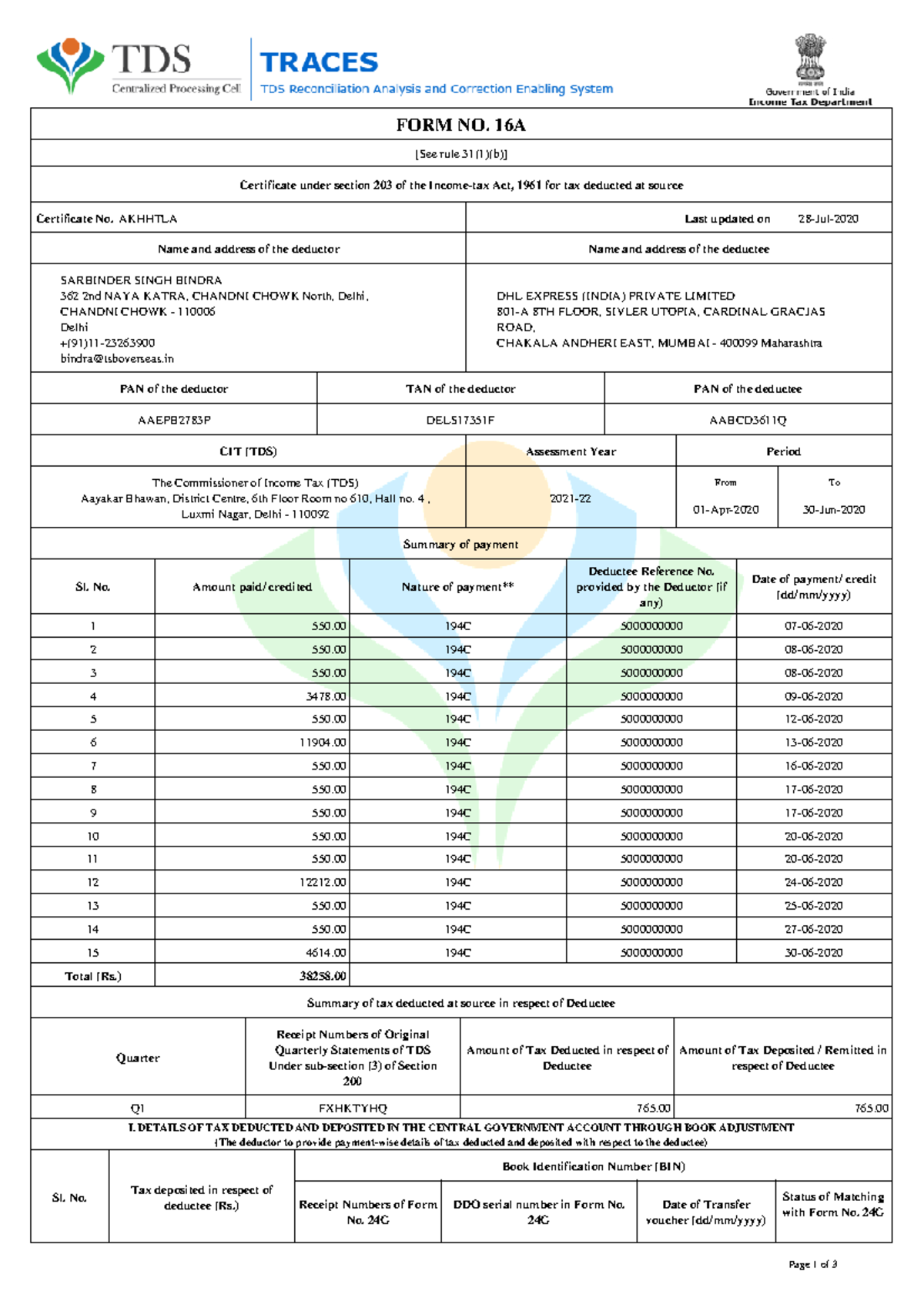 Form 16A TDS Certificate for Assessment Year 2021-22 - Studocu