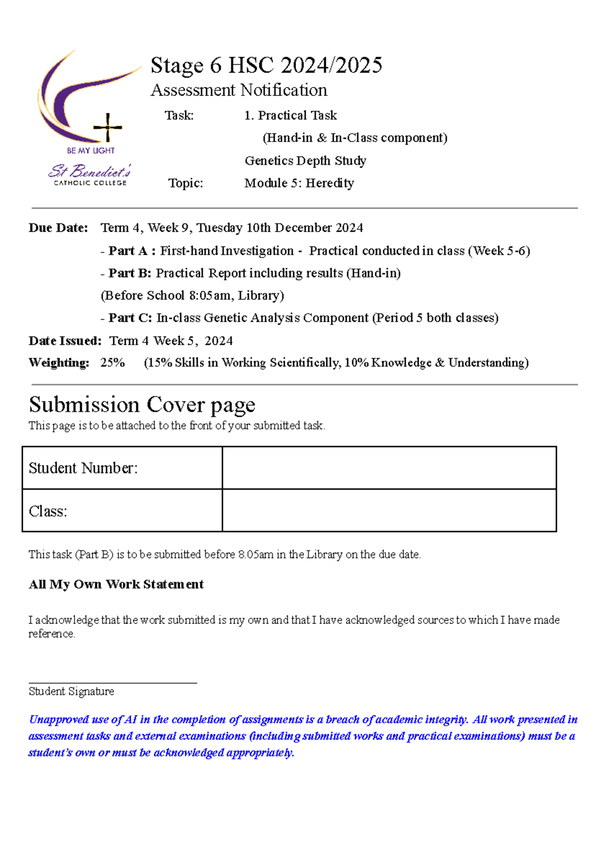 Part 2 bio report - AT1 - Stage 6 HSC 2024/ Assessment Notification ...